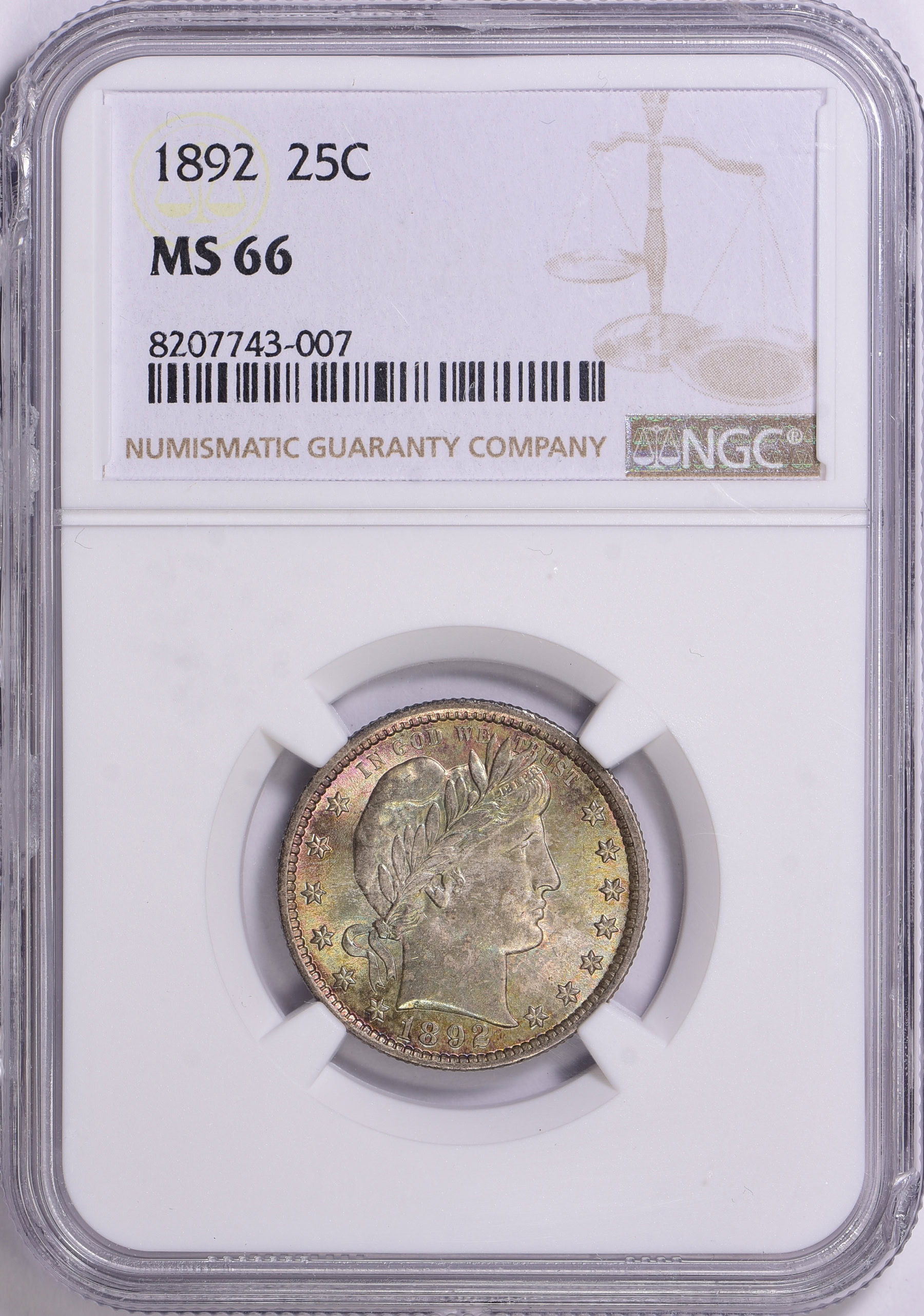 1892 Barber Quarter NGC MS-66 (Toned) (Item 1745382) | GreatCollections Coin Auctions