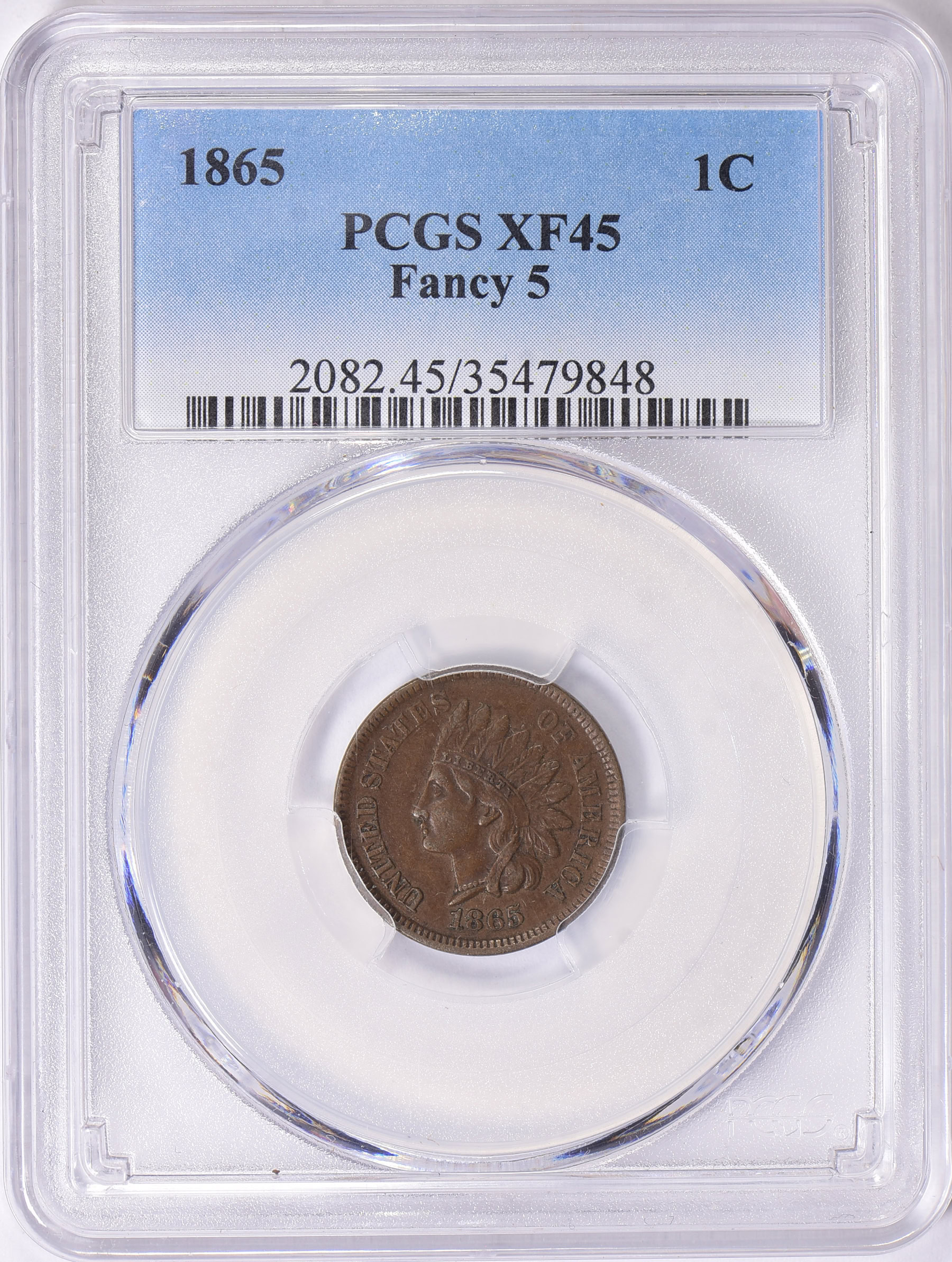 1865 Indian Cent Fancy 5 PCGS XF-45 BN (Item 1745440) | GreatCollections Coin Auctions