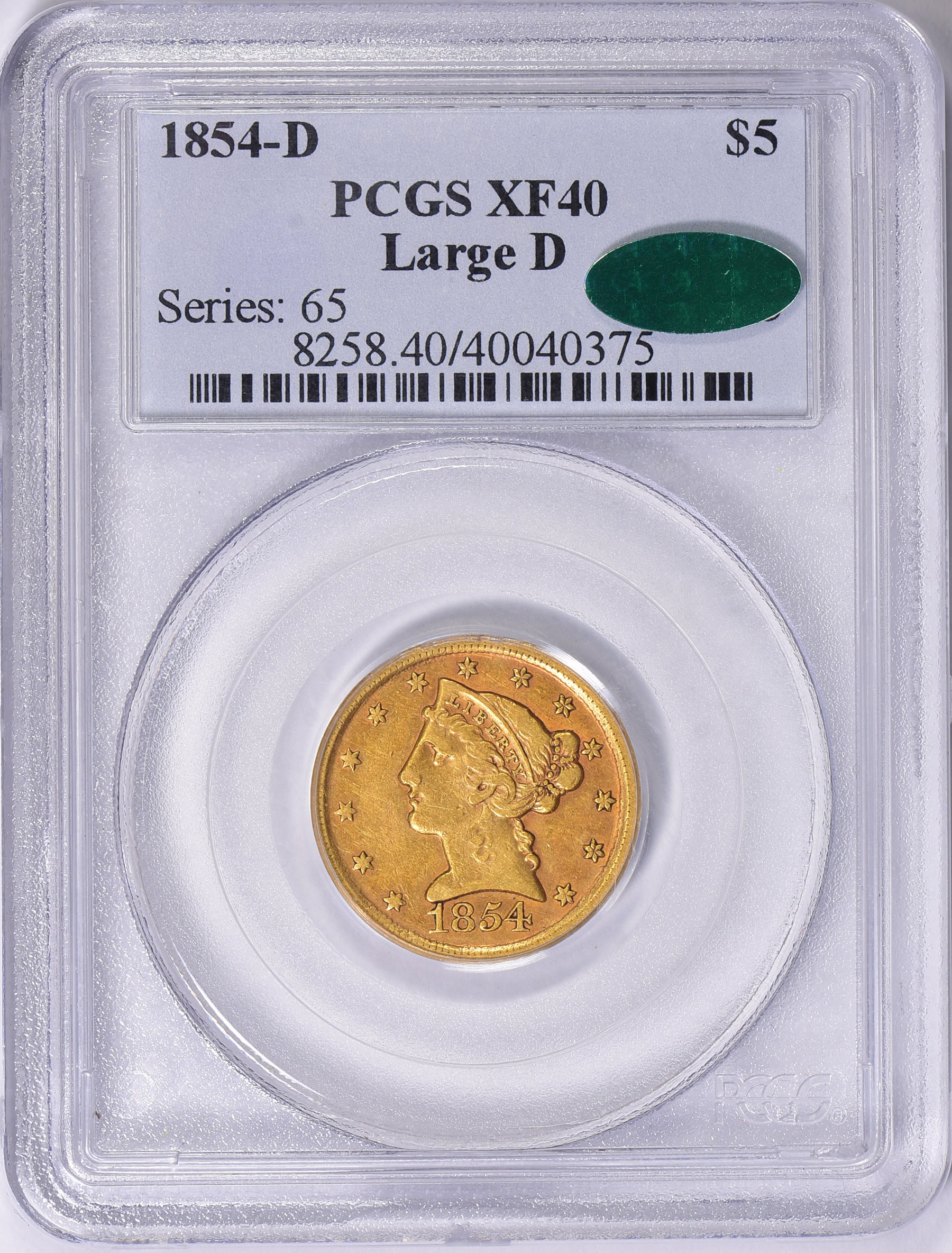 1854-D Liberty Gold Half Eagle Large D PCGS XF-40 (CAC Green) (Item ...