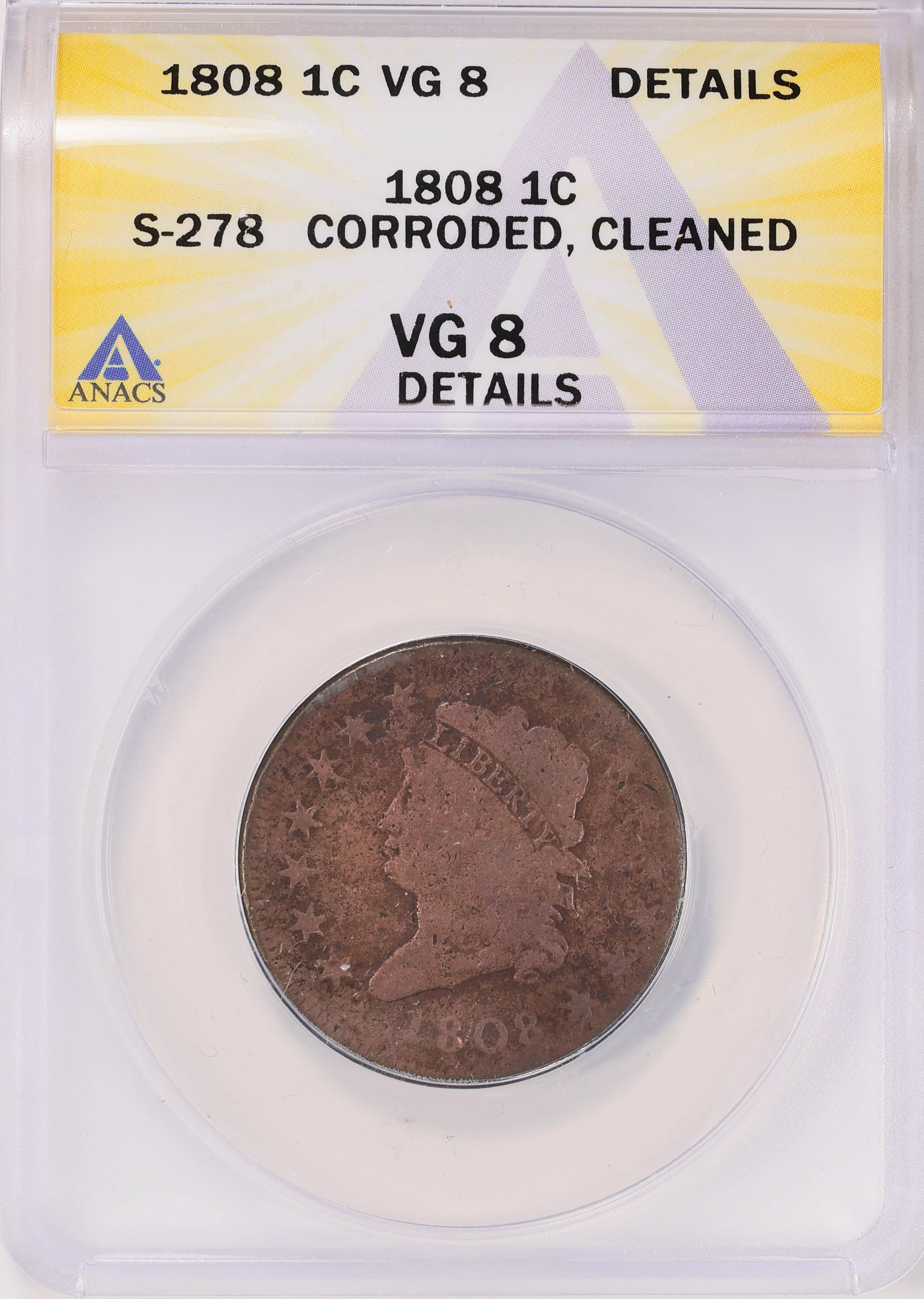1808 Classic Cent S-278 ANACS VG-08 Details (Item 1745528 ...