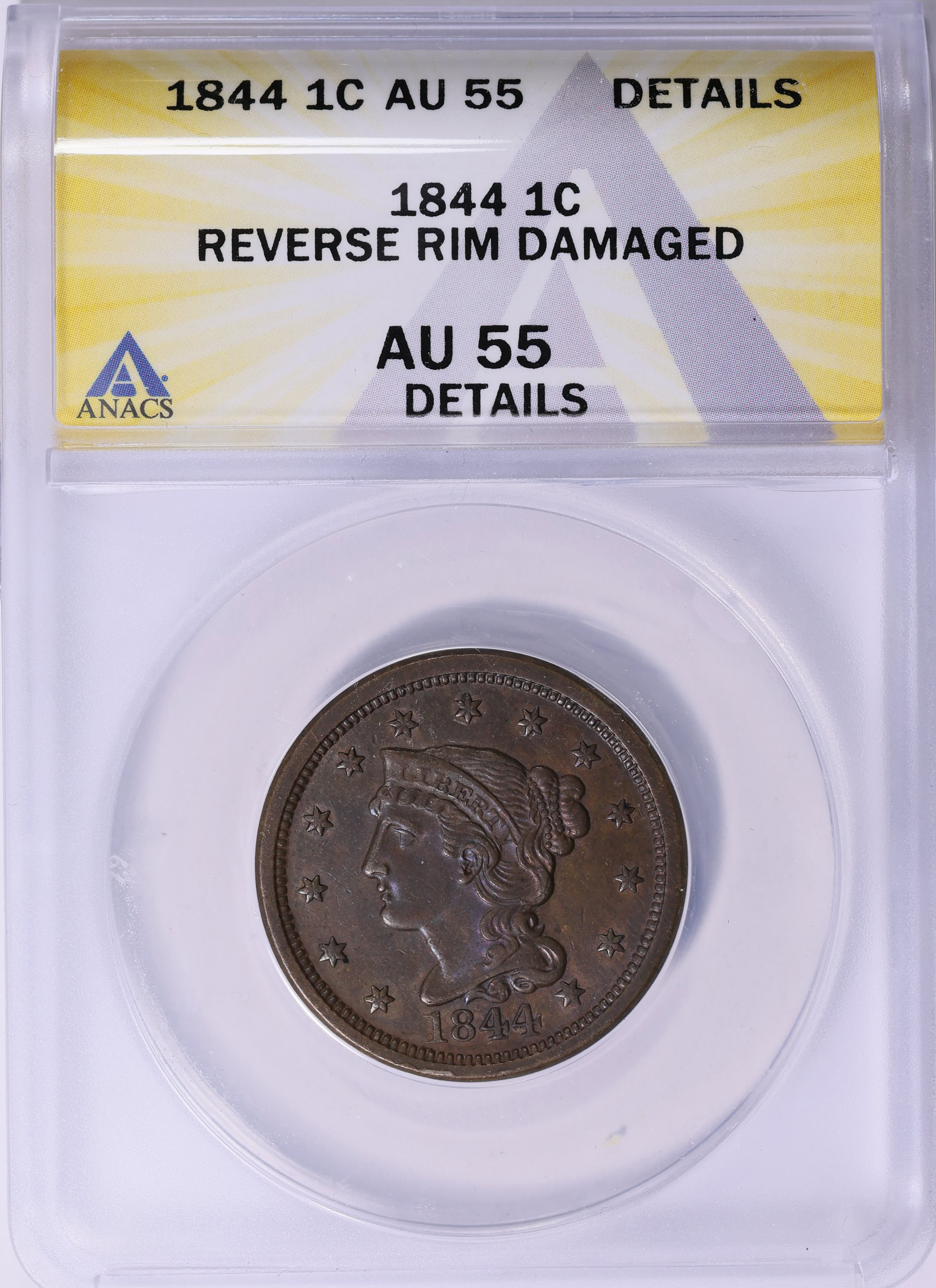 1844 Braided Hair Cent ANACS AU-55 Details (Item 1745621) | GreatCollections Coin Auctions