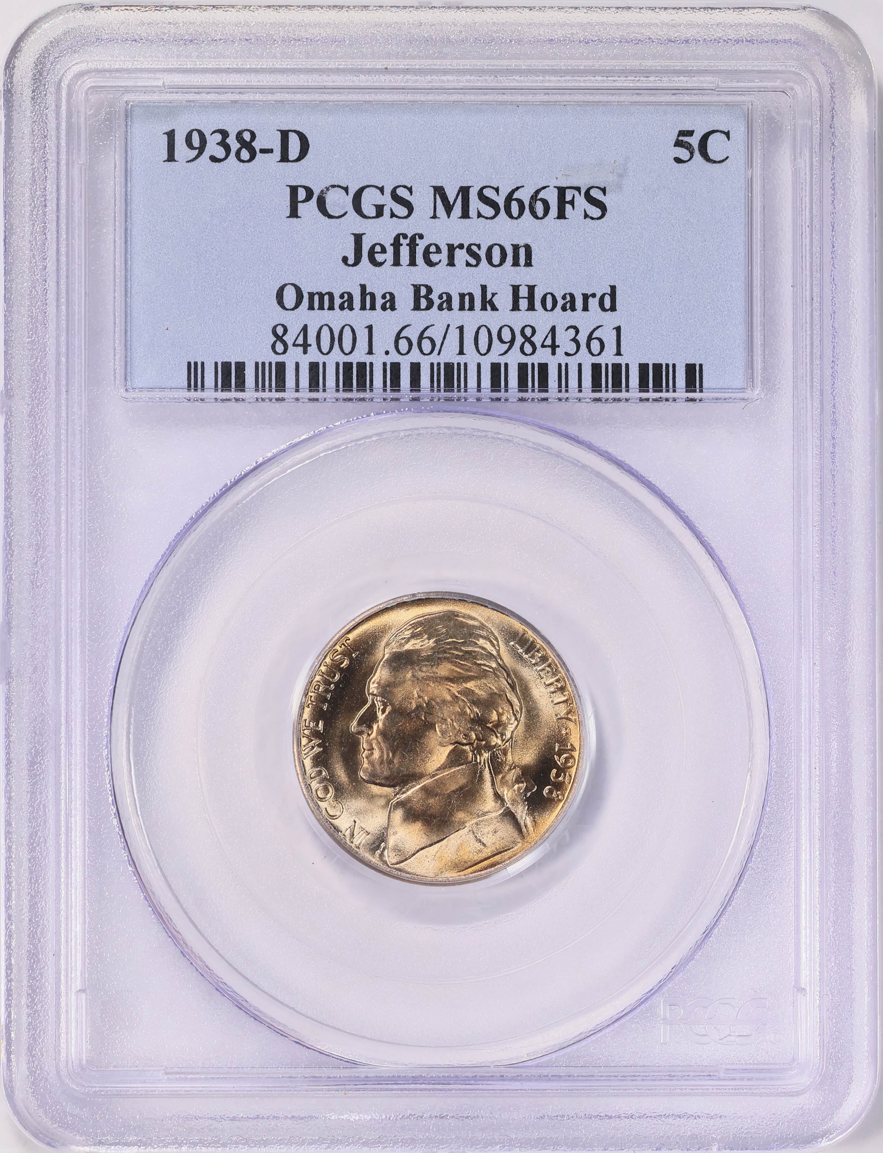 1938-D Jefferson Nickel PCGS MS-66 FS (Omaha Bank Hoard) (Item 1745680) | GreatCollections Coin ...