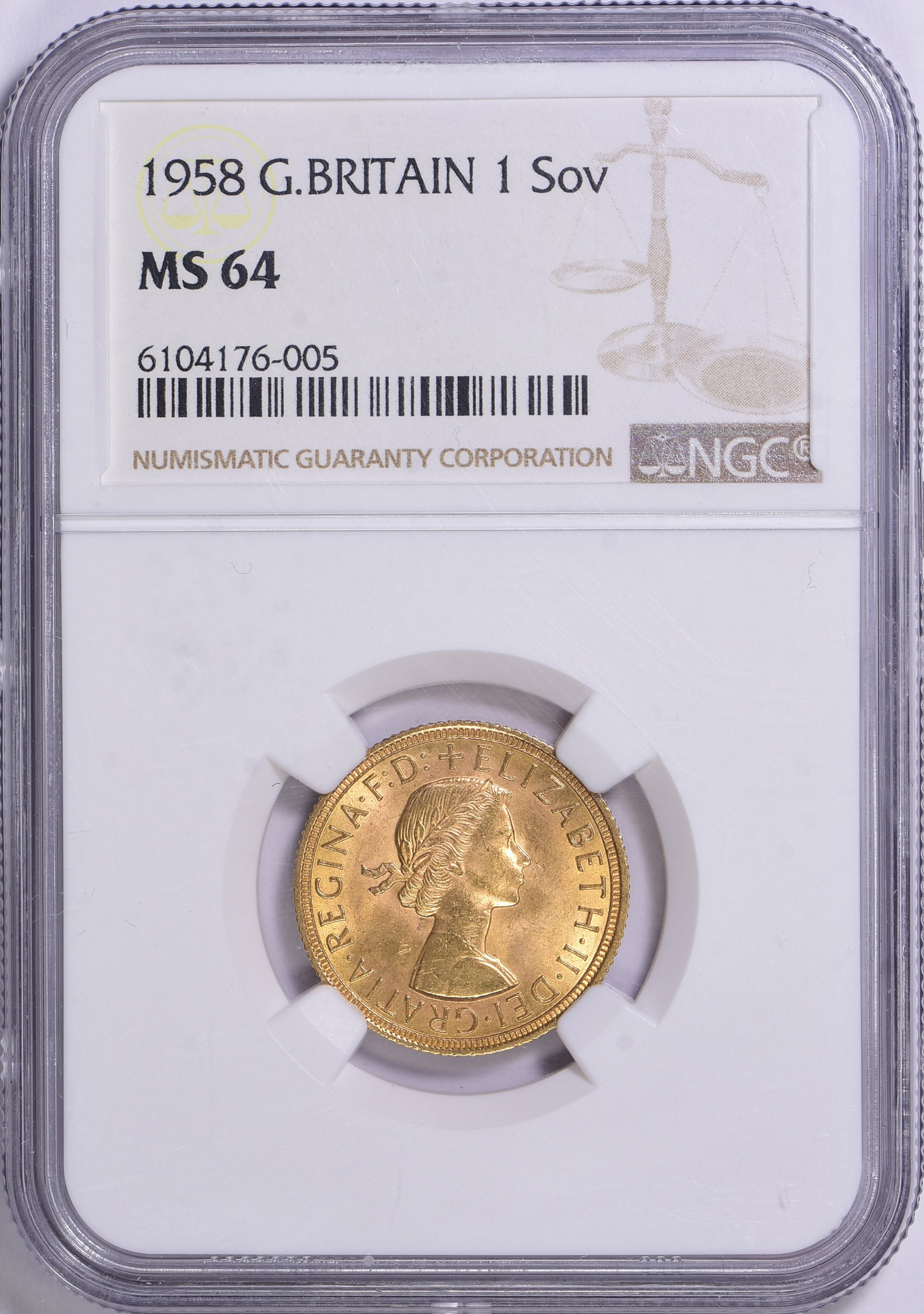 Great Britain 1958 Gold Sovereign St. George KM-908 NGC MS-64 (AGW = 0. ...