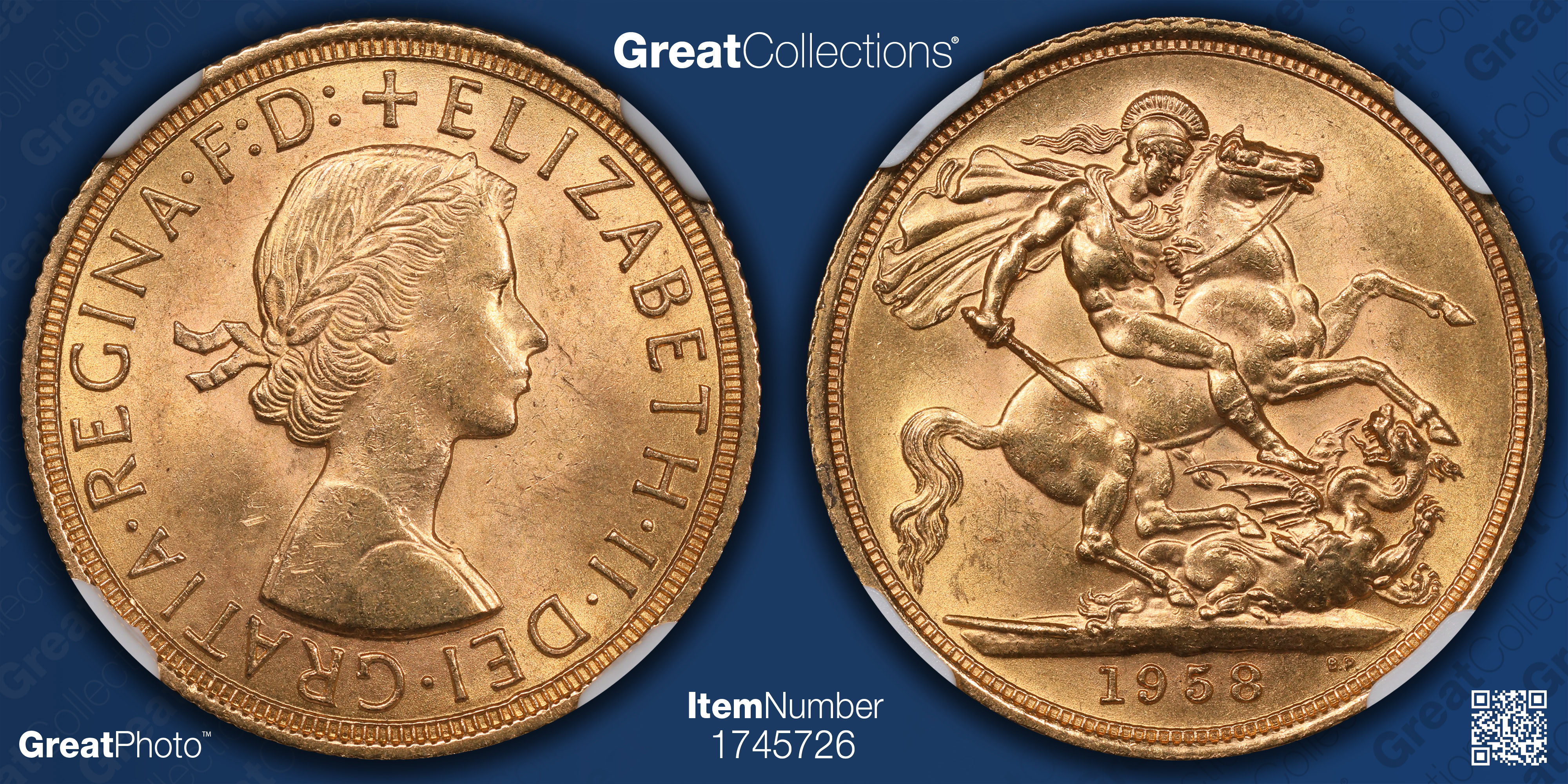 Great Britain 1958 Gold Sovereign St. George KM-908 NGC MS-64 (AGW = 0. ...