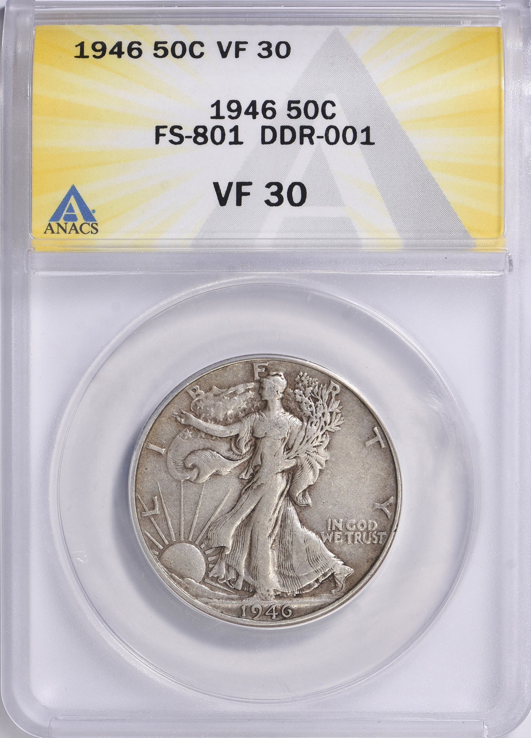 1946 Walking Liberty Half Dollar FS-801 DDR-001 ANACS VF-30 (Item 1745903) | GreatCollections ...