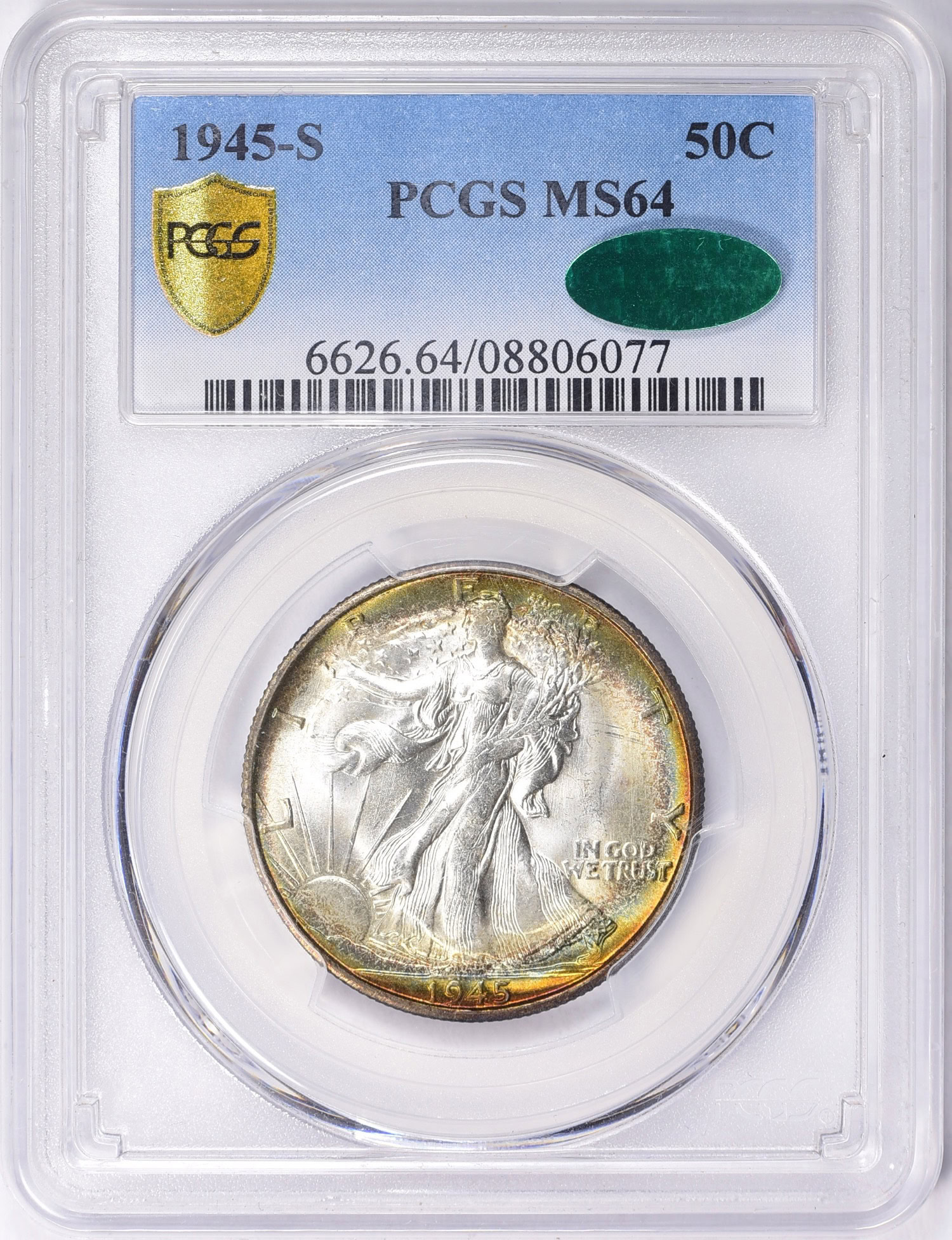 1945-S Walking Liberty Half Dollar PCGS MS-64 (CAC Green) (Toned) (Item 1745927 ...