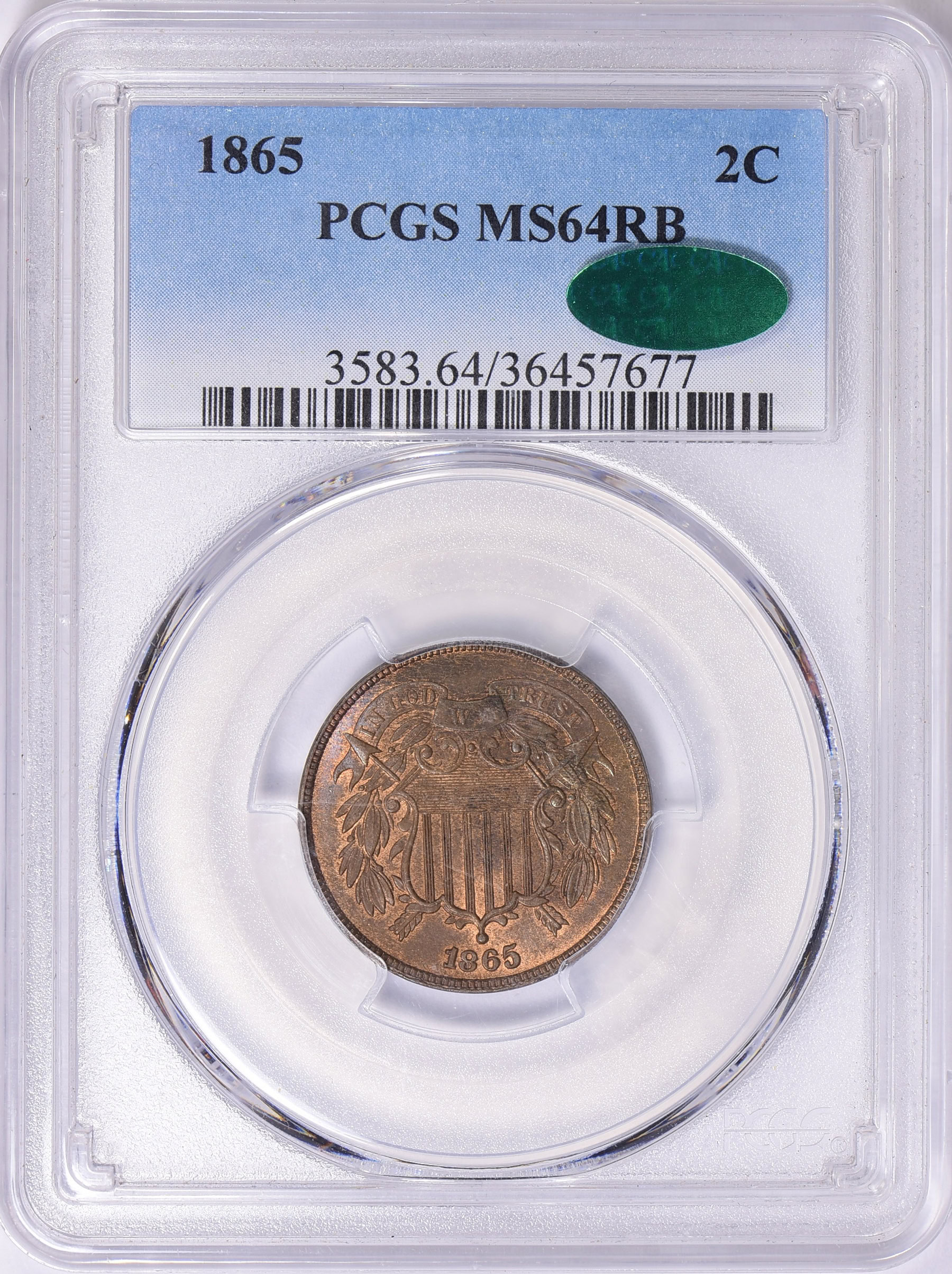1865 Two-Cent Piece PCGS MS-64 RB (CAC Green) (Item 1745951) | GreatCollections Coin Auctions