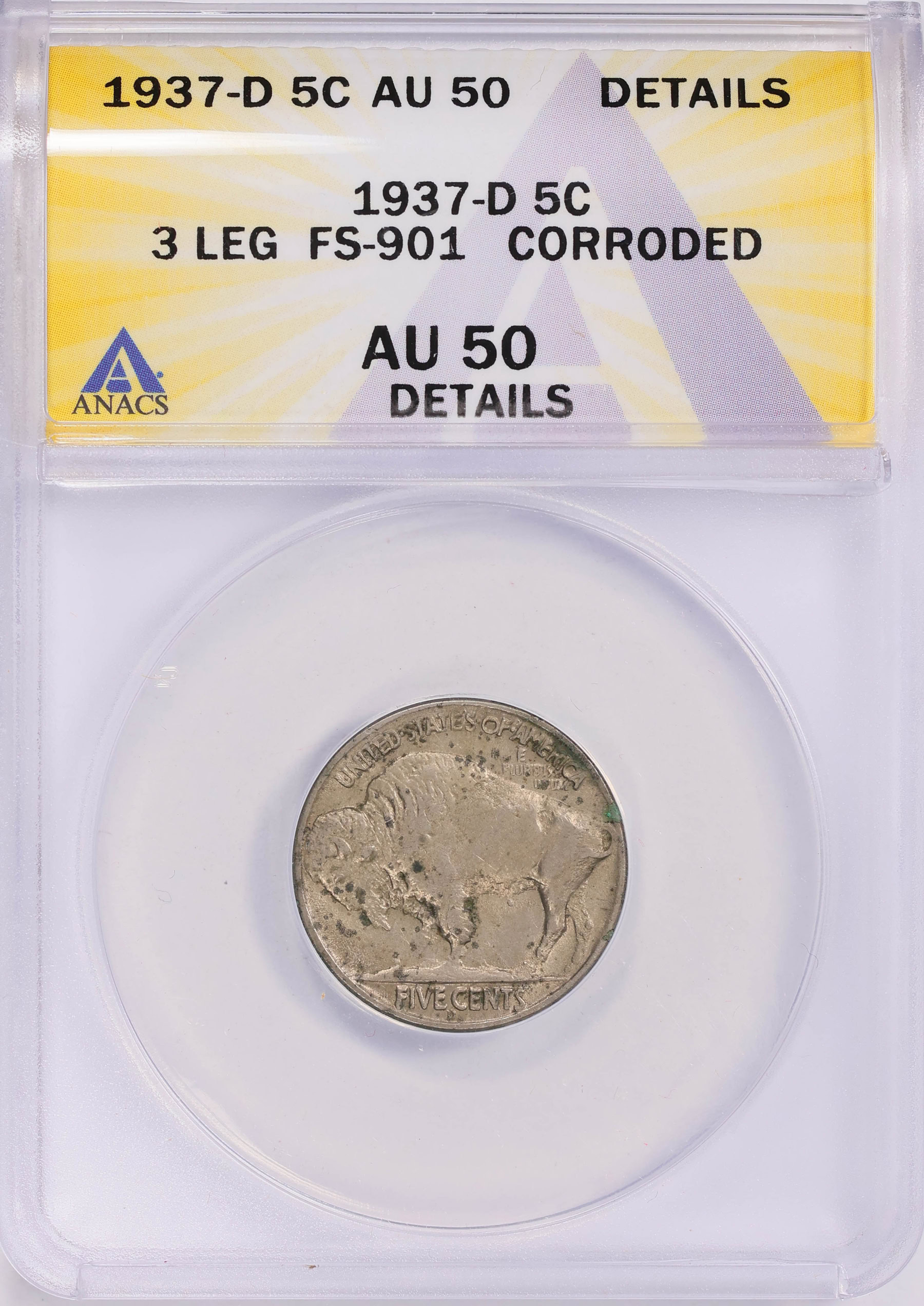 1937-D Buffalo Nickel 3 Legs, FS-901 ANACS AU-50 Details (Item 1746030) | GreatCollections Coin ...