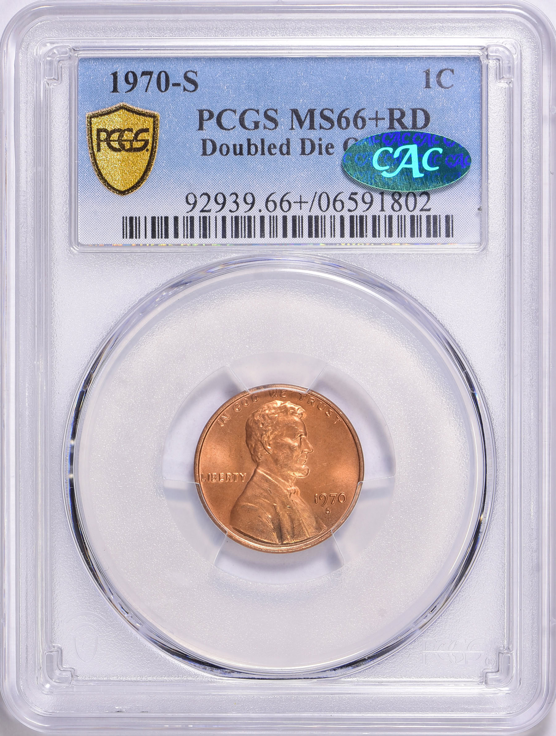 1970-S Lincoln Cent Doubled Die Obverse PCGS MS-66+ RD (CAC Green) (Ex. Stewart Blay / Red ...