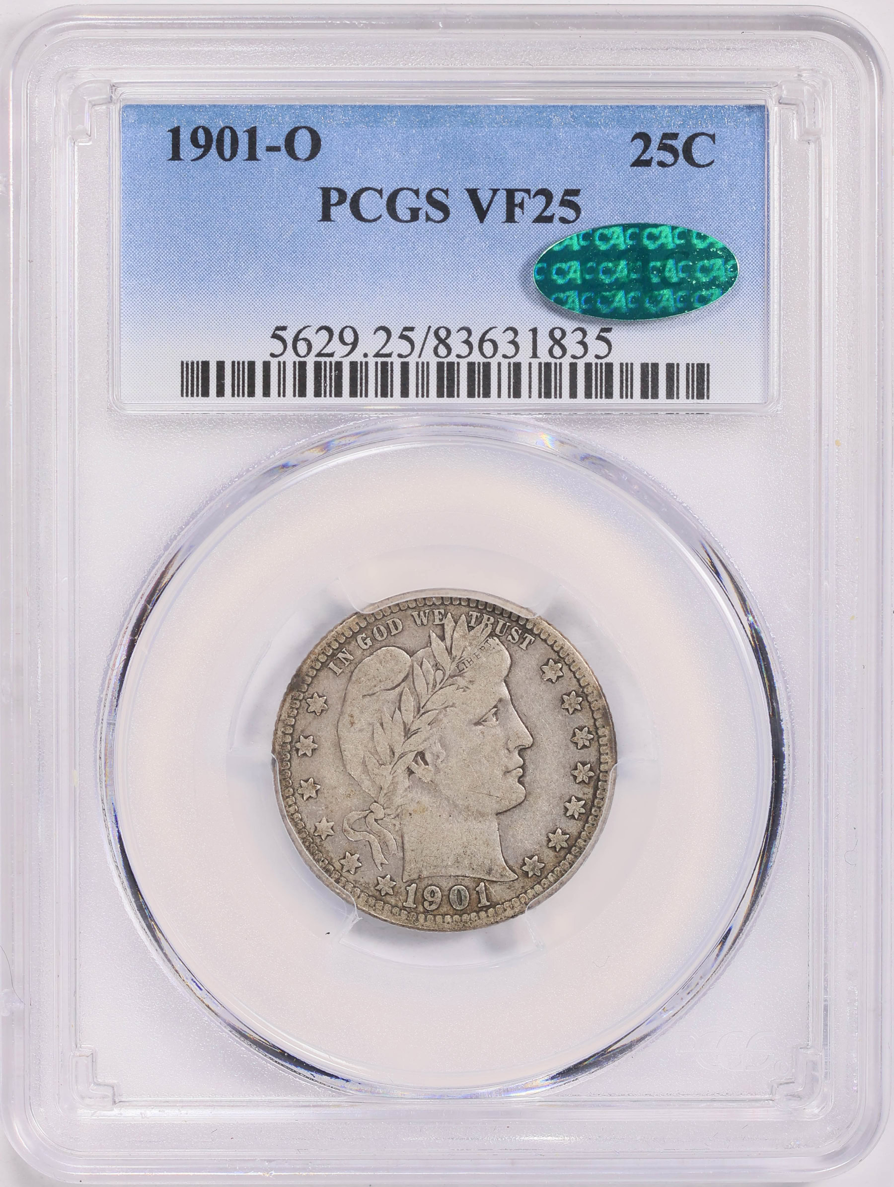 1901-O Barber Quarter PCGS VF-25 (CAC Green) (Item 1746053) | GreatCollections Coin Auctions