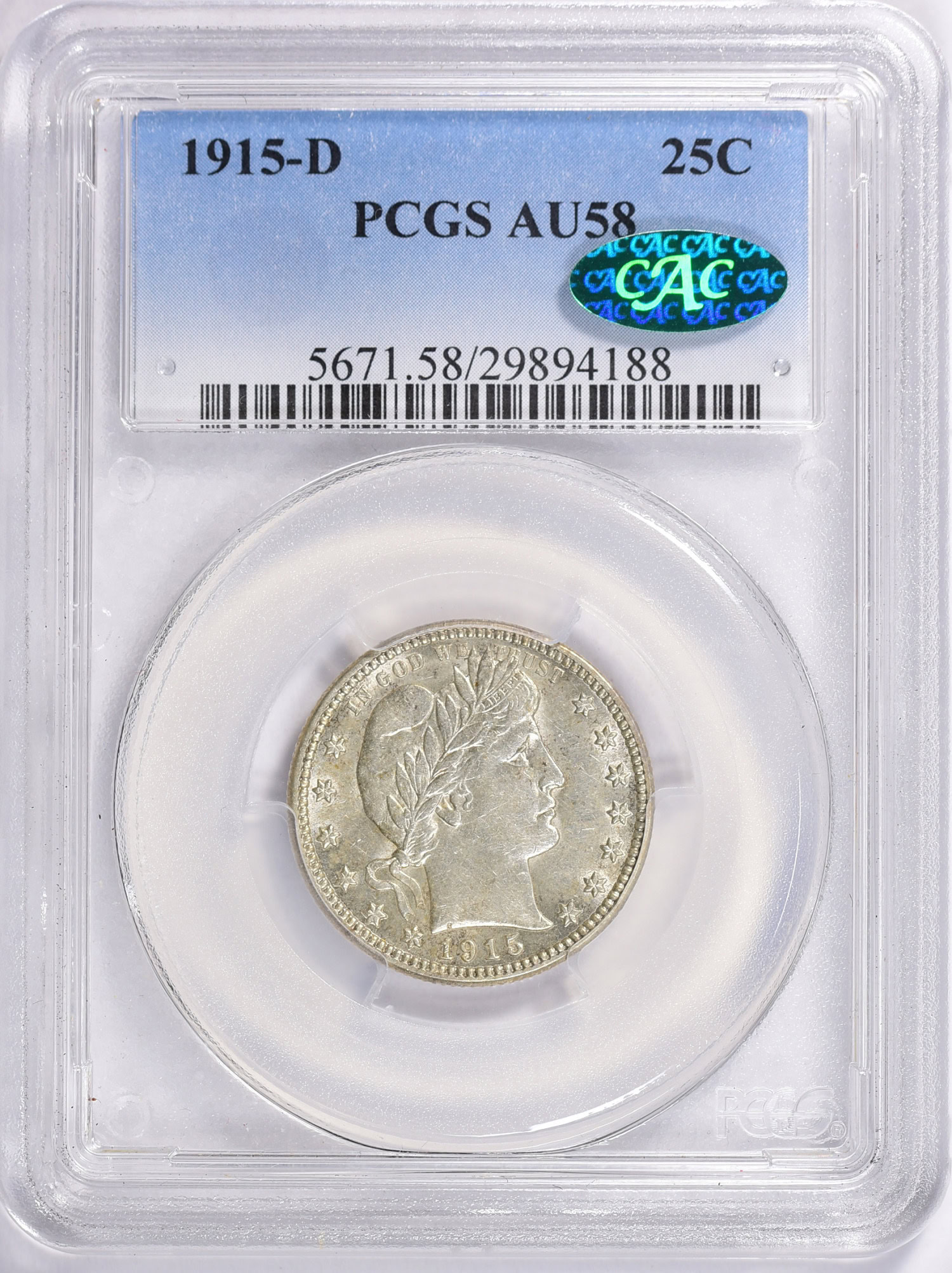 1915-D Barber Quarter PCGS AU-58 (CAC Green) (Item 1746056) | GreatCollections Coin Auctions