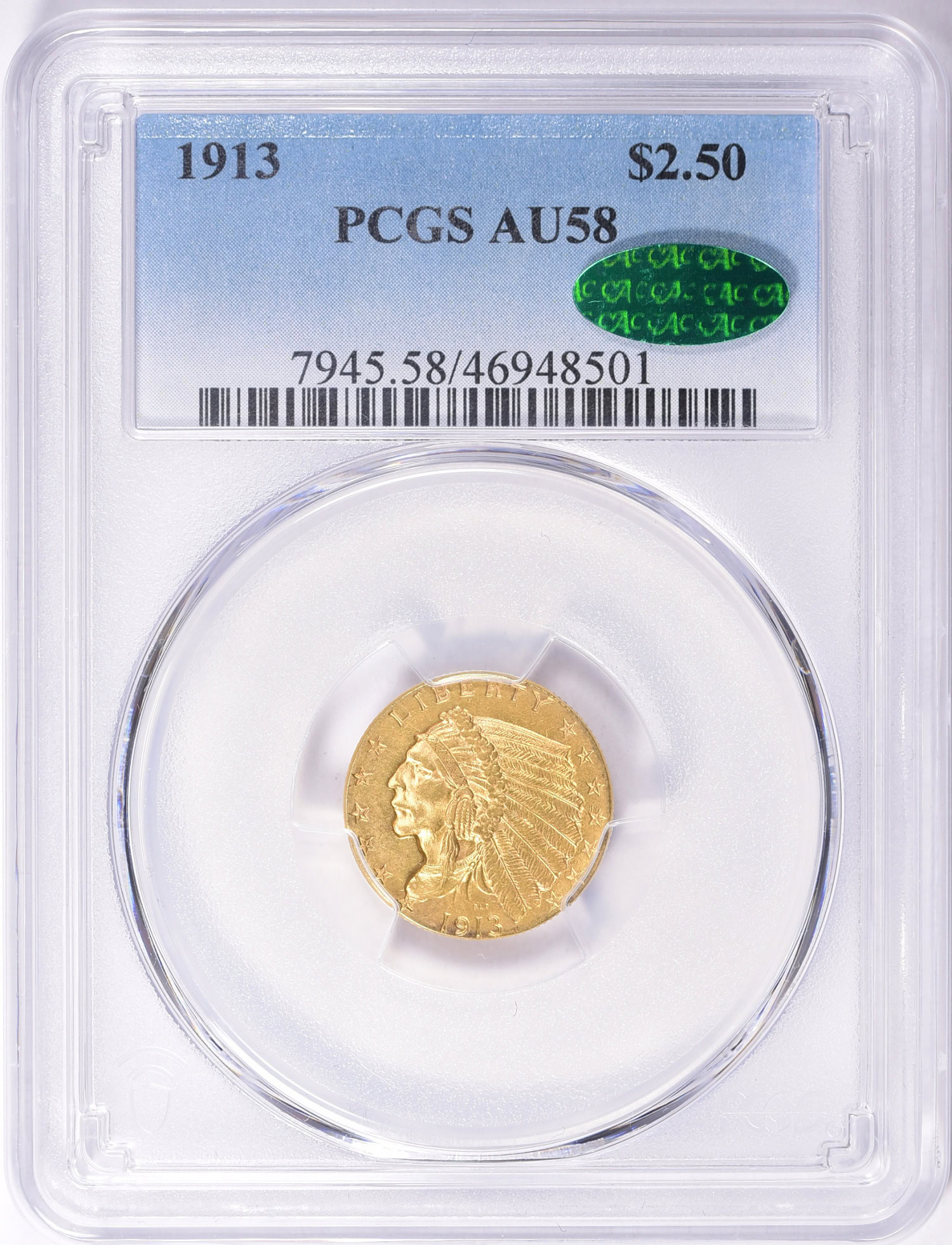 1913 Indian Gold Quarter Eagle PCGS AU-58 (CAC Green) (Item 1746637) | GreatCollections Coin ...