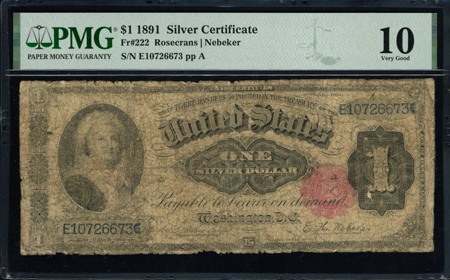 Fr. 222 1891 $1 Silver Certificate Note Rosecrans / Nebeker PMG Very ...