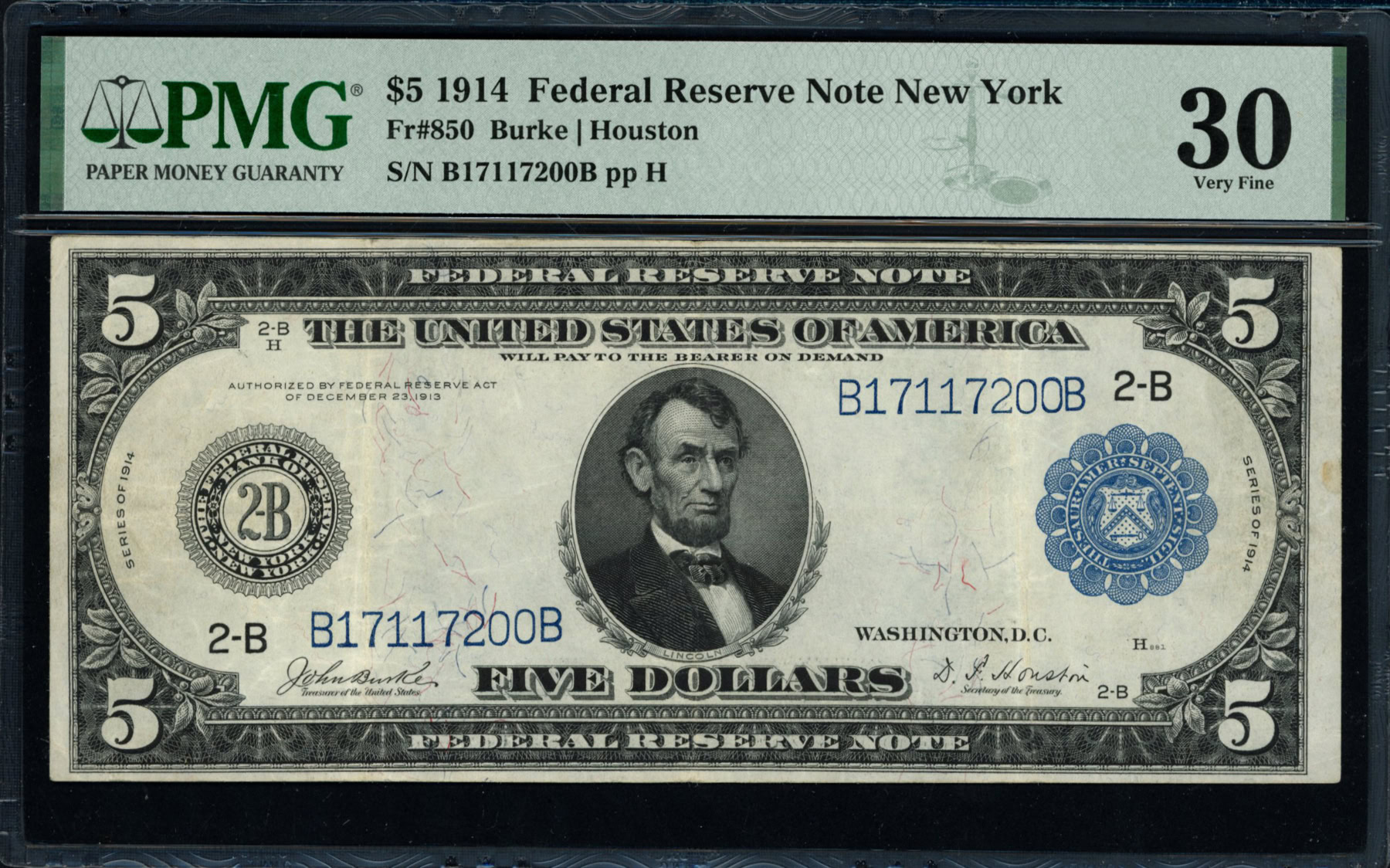 Fr. 850 1914 $5 New York Federal Reserve Note Burke / Houston PMG Very Fine 30 | PMG Cert ...