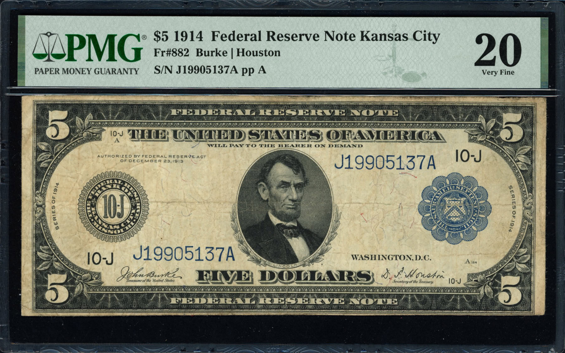 Fr. 882 1914 $5 Kansas City Federal Reserve Note Burke / Houston PMG ...