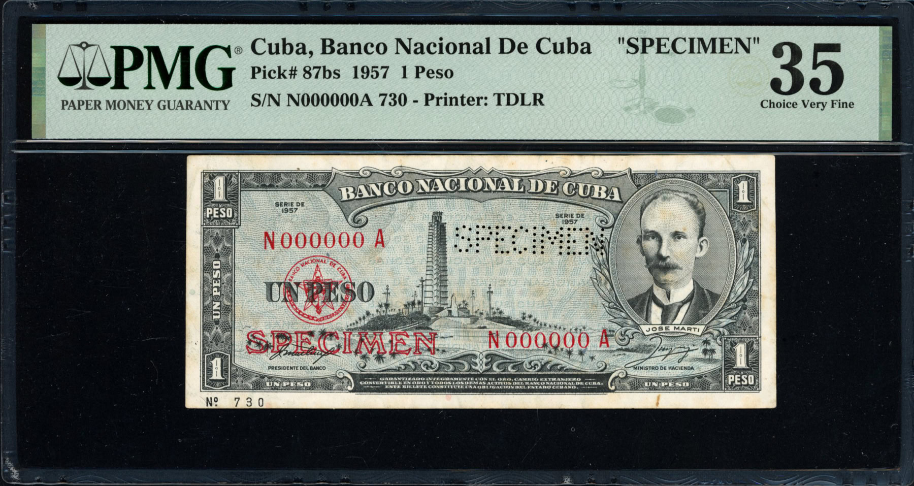 Cuba 1957 1 Peso Banco Nacional de Cuba Specimen Note SCWPM-87bs PMG ...