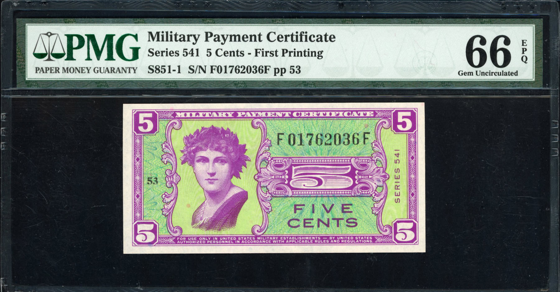 Series 541 5 Cents Military Payment Certificate Note First Printing PMG Gem Uncirculated 66 EPQ ...