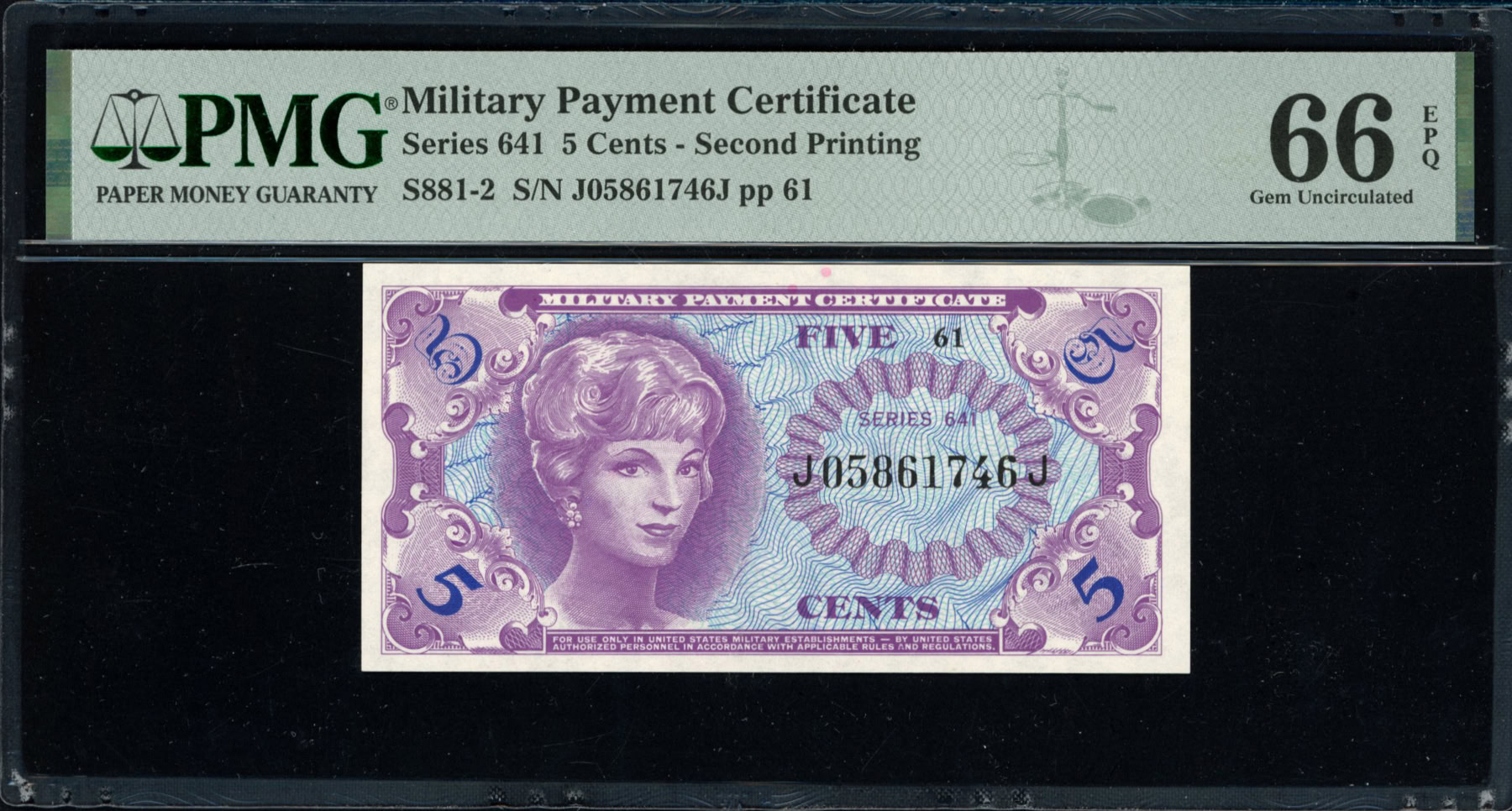 Series 641 5 Cents Military Payment Certificate Note Second Printing ...