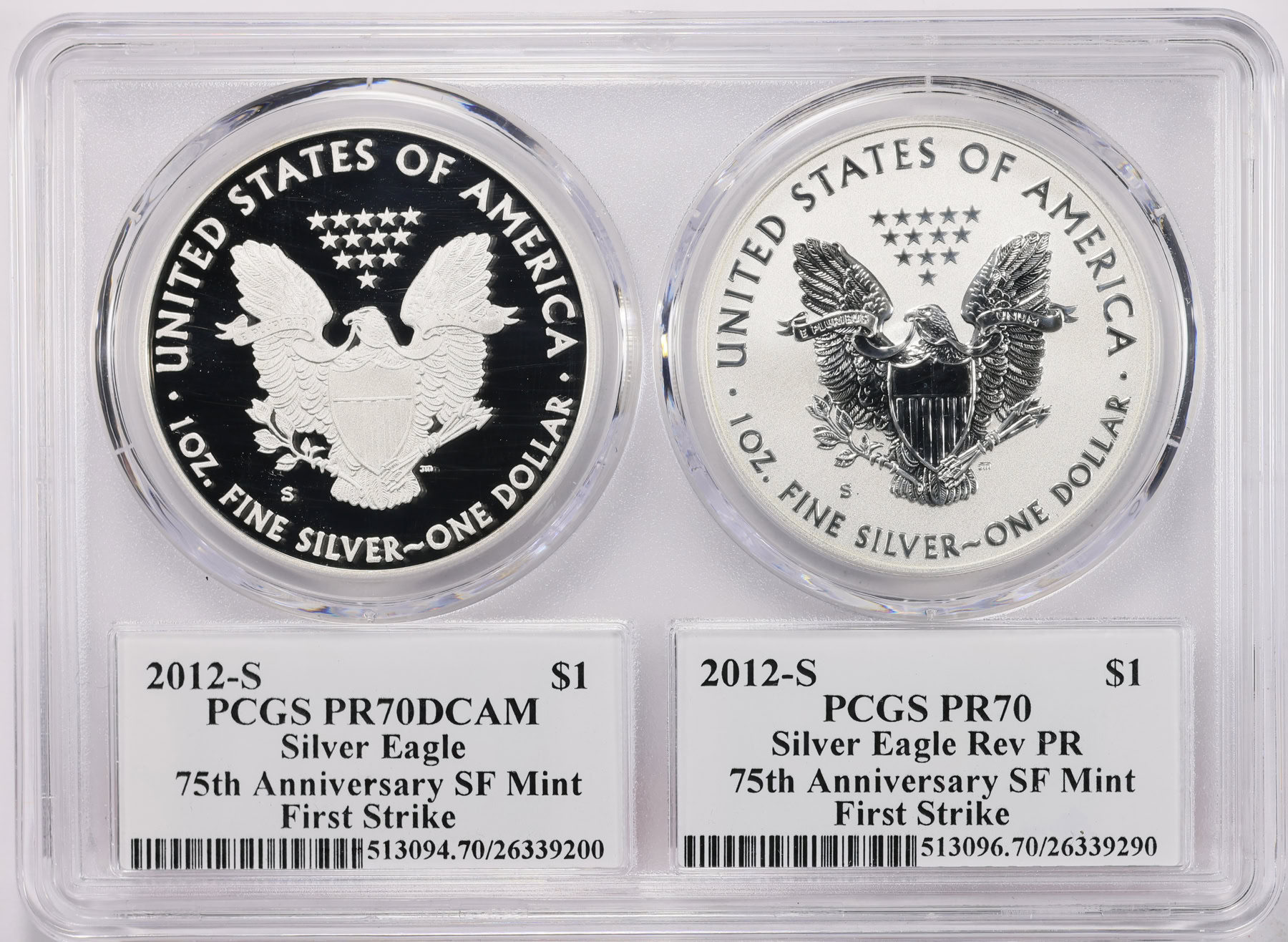 2012-S $1 Silver Eagle Proof & Reverse Proof 75th Anniversary SF Mint ...