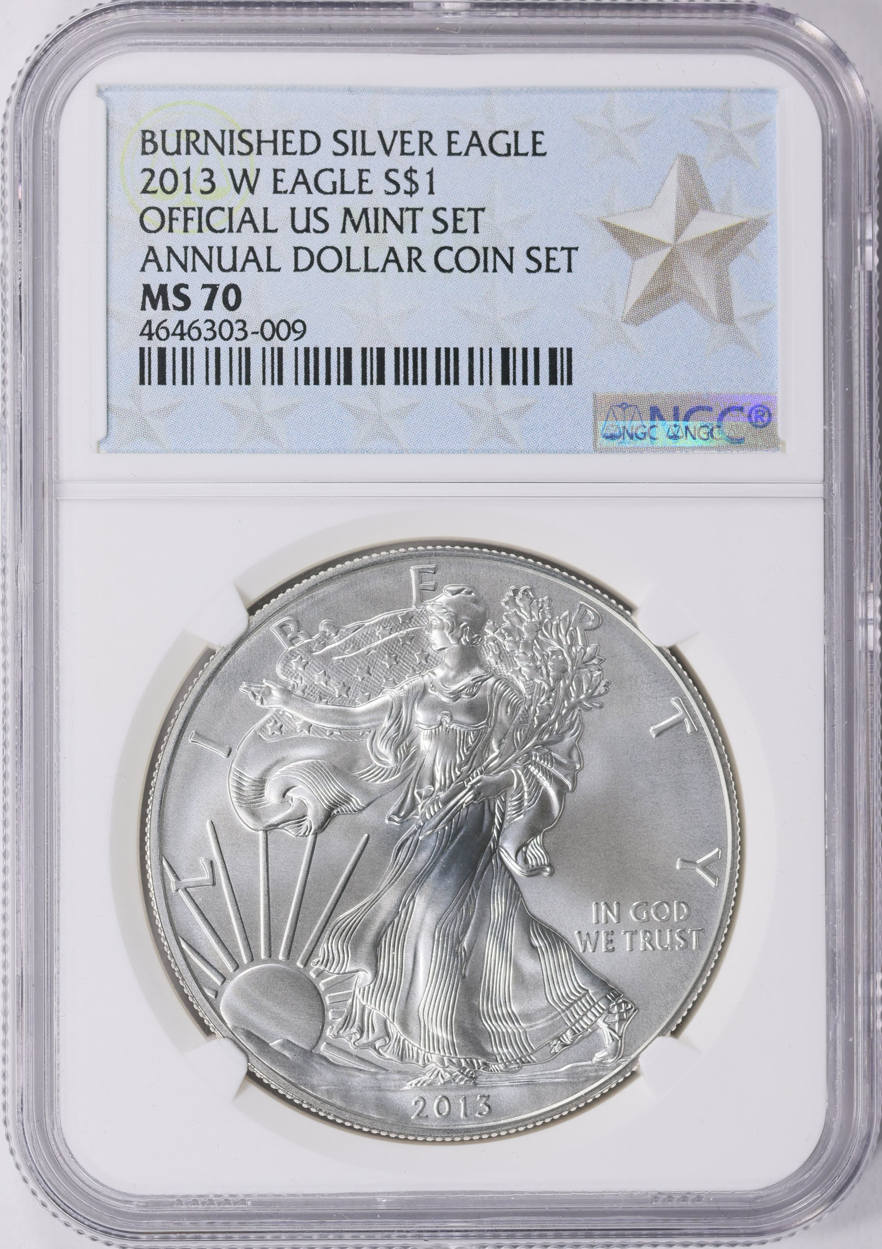 2013-W $1 Silver Eagle Burnished (From Annual Dollar Coin Set) NGC MS-70 (West Point Star Label ...