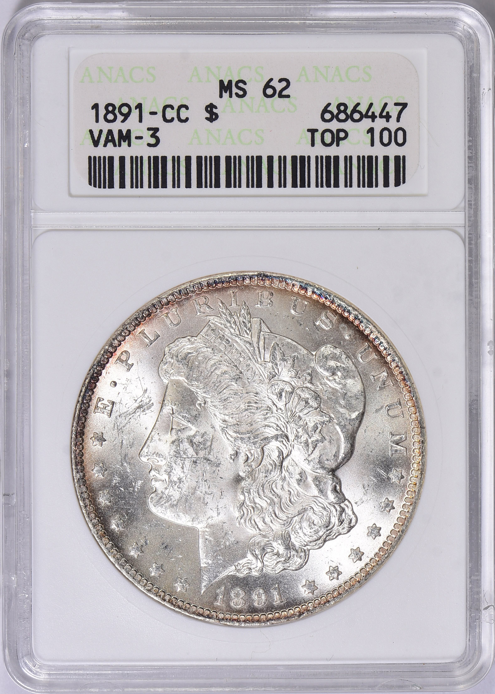 1891-CC Morgan Silver Dollar VAM-3 Top 100 ANACS MS-62 OH (Toned) (Item 1747436 ...