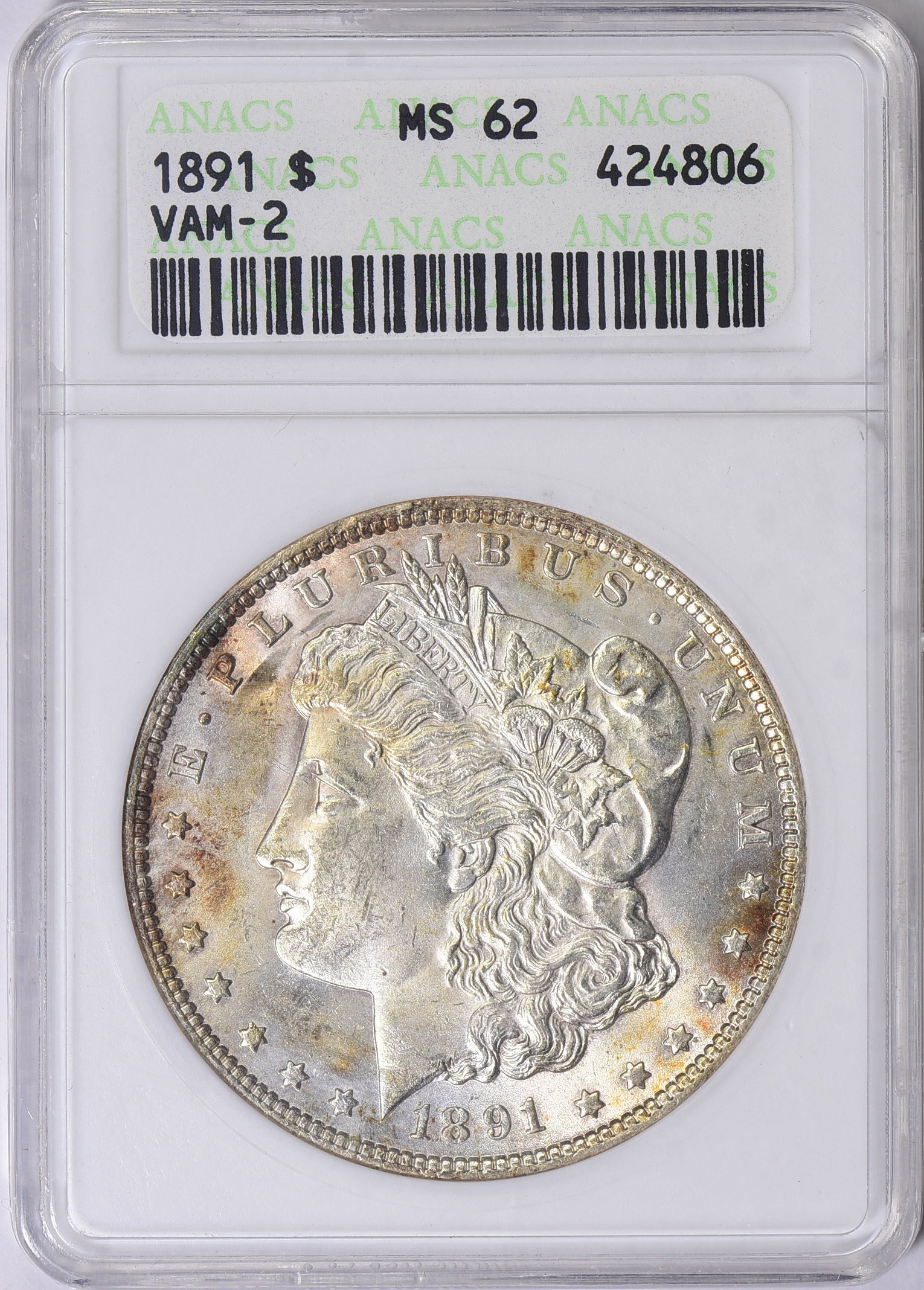 1891 Morgan Silver Dollar VAM-2 ANACS MS-62 OH (Toned) (Item 1747446) | GreatCollections Coin ...