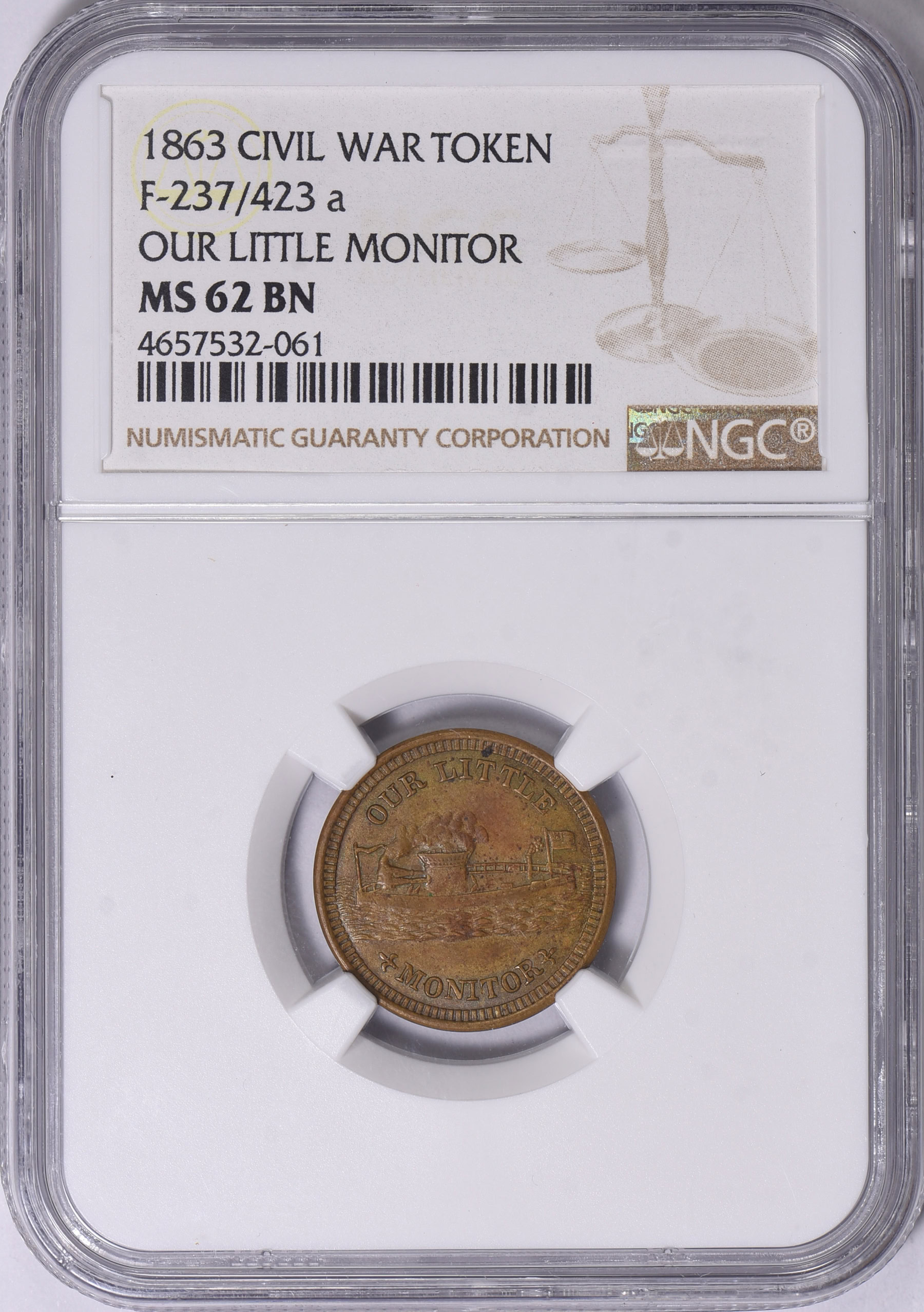 1863 Our Little Monitor Civil War Token F-237/423a NGC MS-62 BN (Item ...
