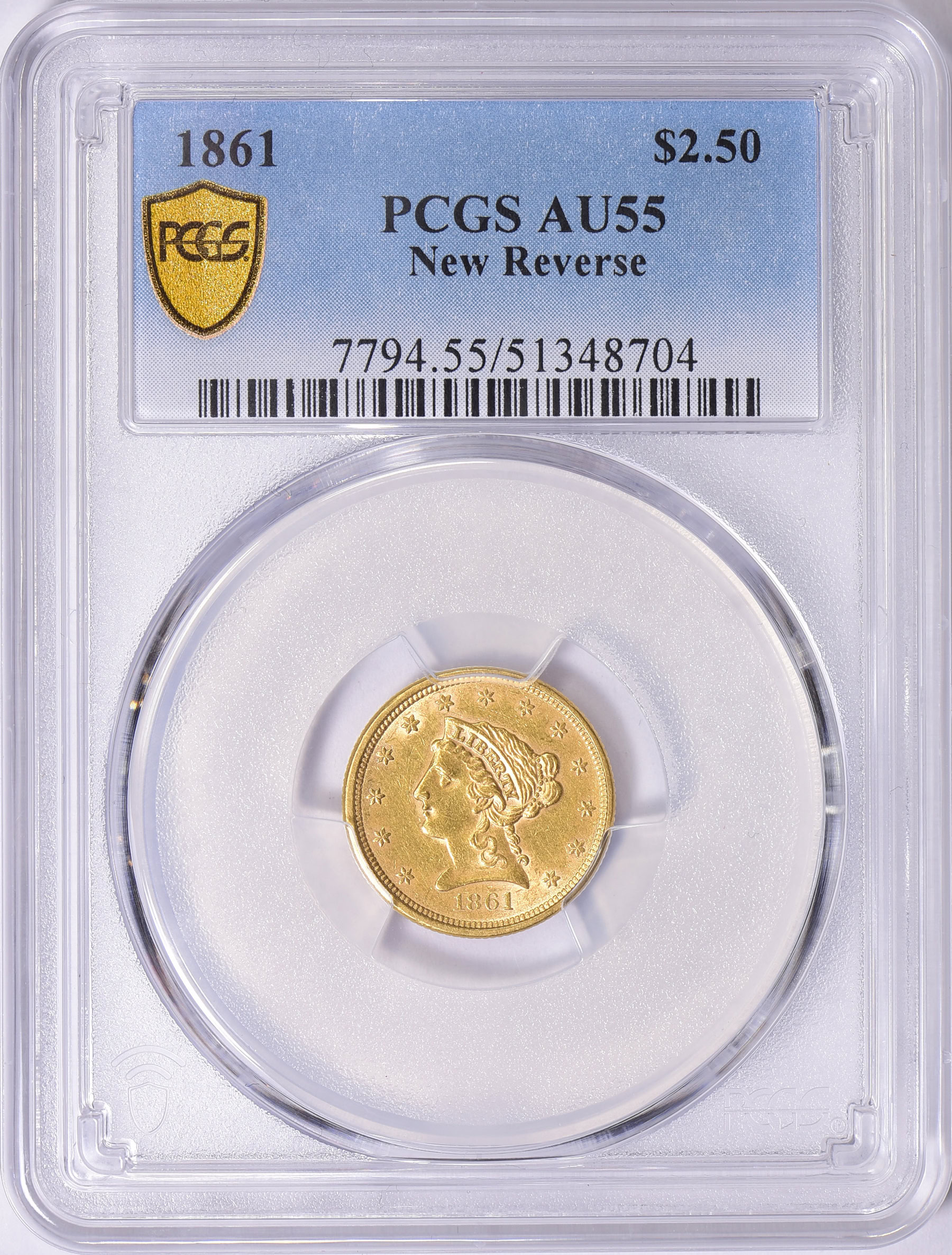 1861 Liberty Gold Quarter Eagle New Reverse PCGS AU-55 (Item 1747535) | GreatCollections Coin ...
