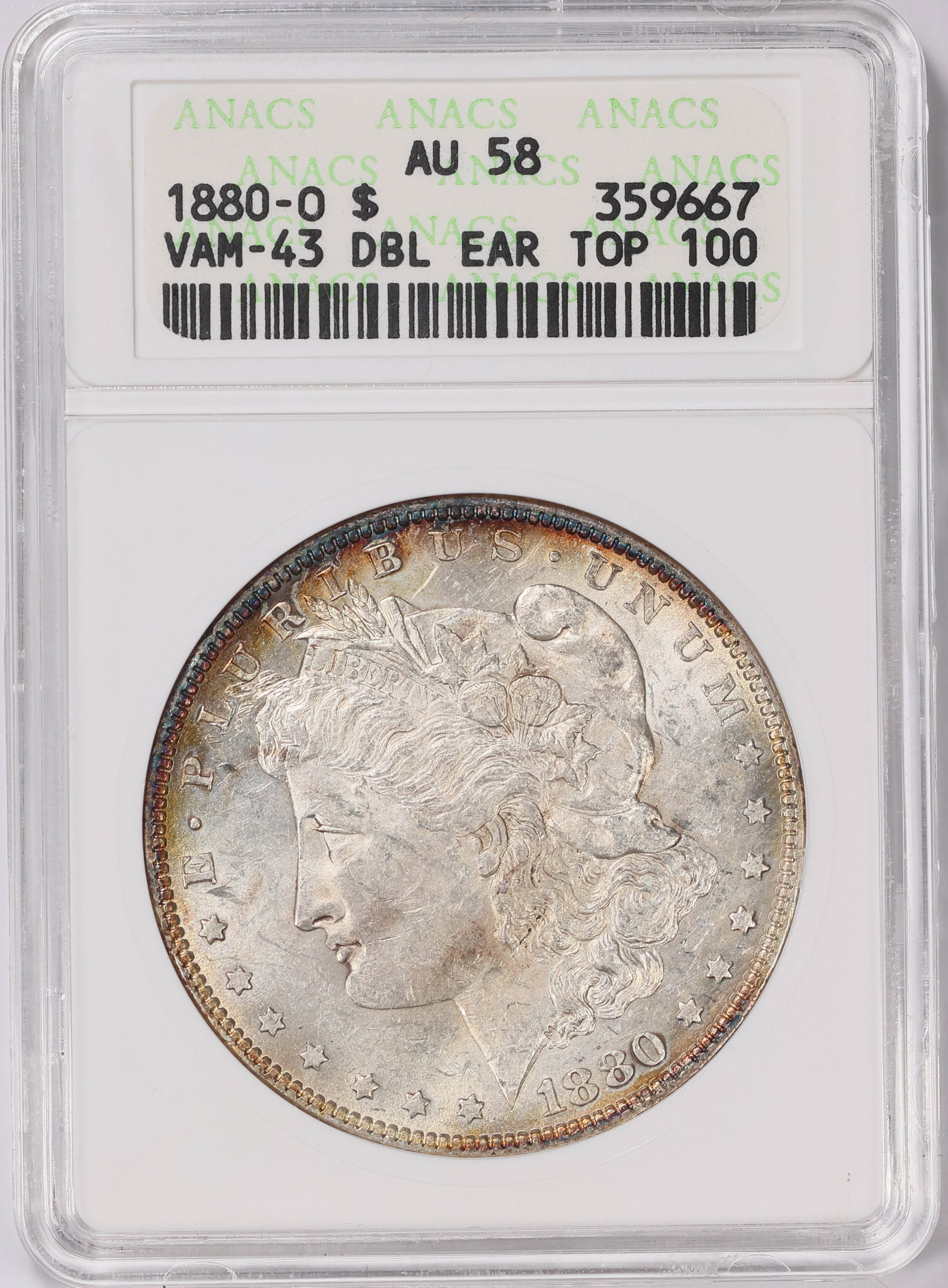 1880-O Morgan Silver Dollar Doubled Ear VAM-43 Top 100 ANACS AU-58 OH (Toned) (Item 1747614 ...