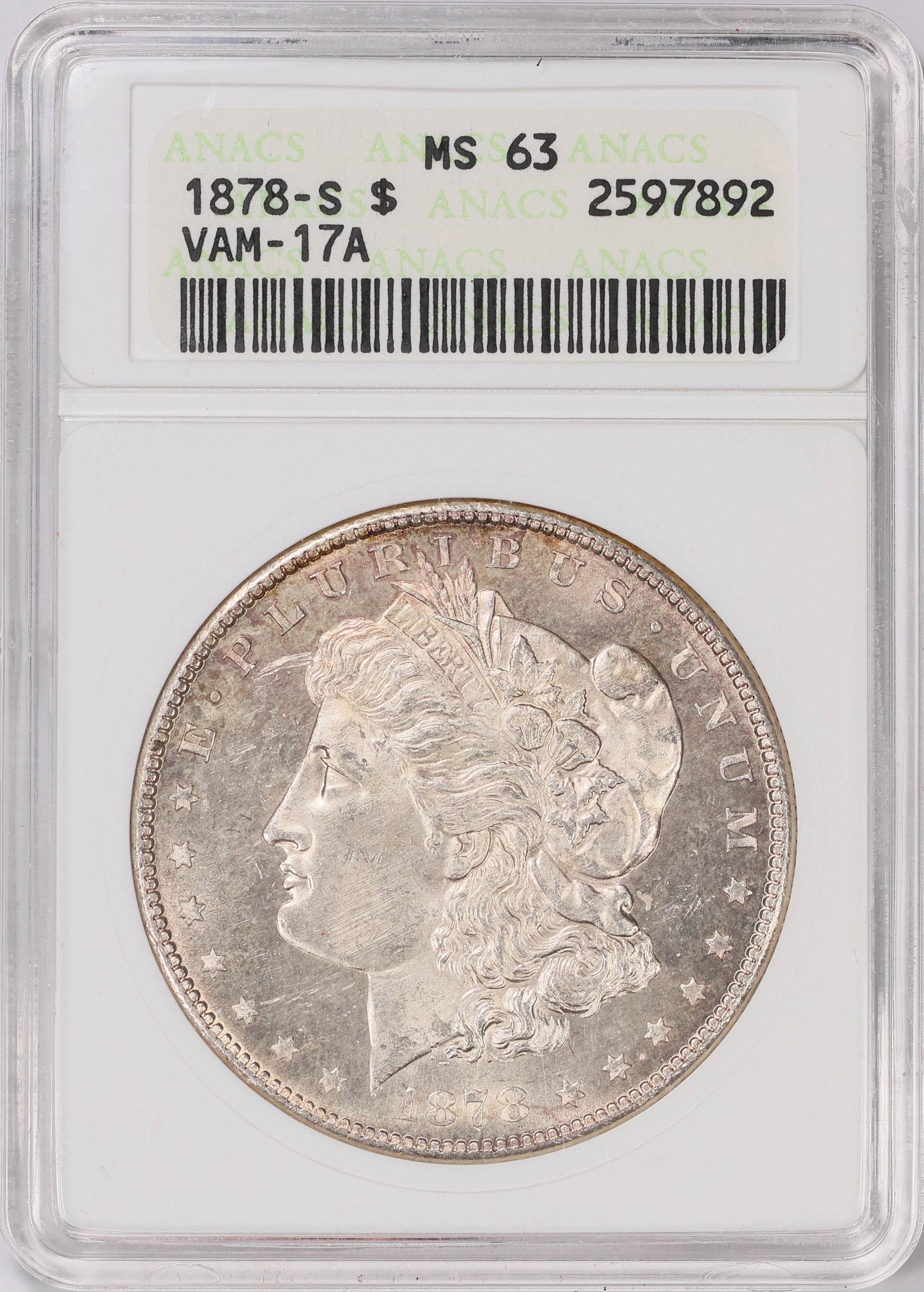 1878-S Morgan Silver Dollar VAM-17A ANACS MS-63 OH (Item 1747620) | GreatCollections Coin Auctions
