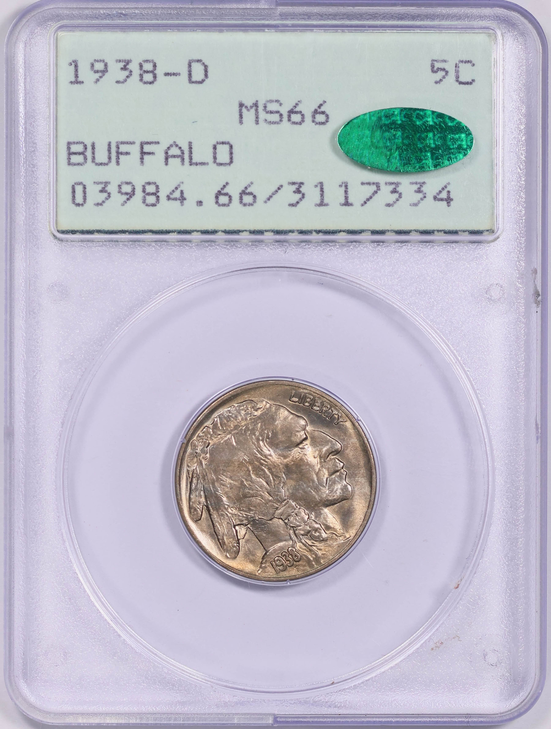 1938-D Buffalo Nickel PCGS MS-66 (CAC Green) OGH (1st Gen) (Item 1747650) | GreatCollections ...