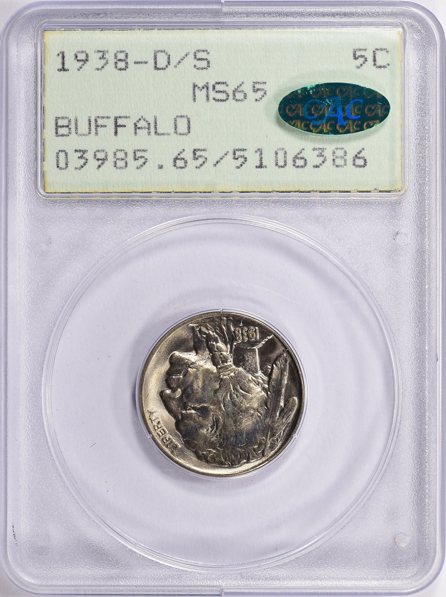 1938-D/S Buffalo Nickel PCGS MS-65 (CAC Green) OGH (1st Gen) (Toned) (Item 1747651 ...