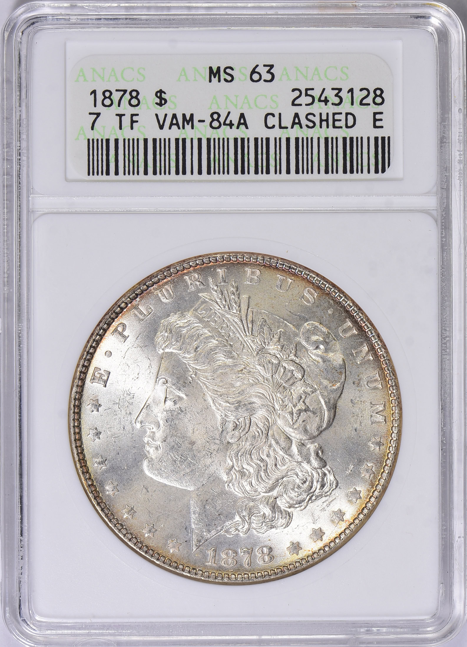 1878 7TF Morgan Silver Dollar VAM-84A Clashed E ANACS MS-63 OH (Toned) | ANACS Cert #2543128 ...