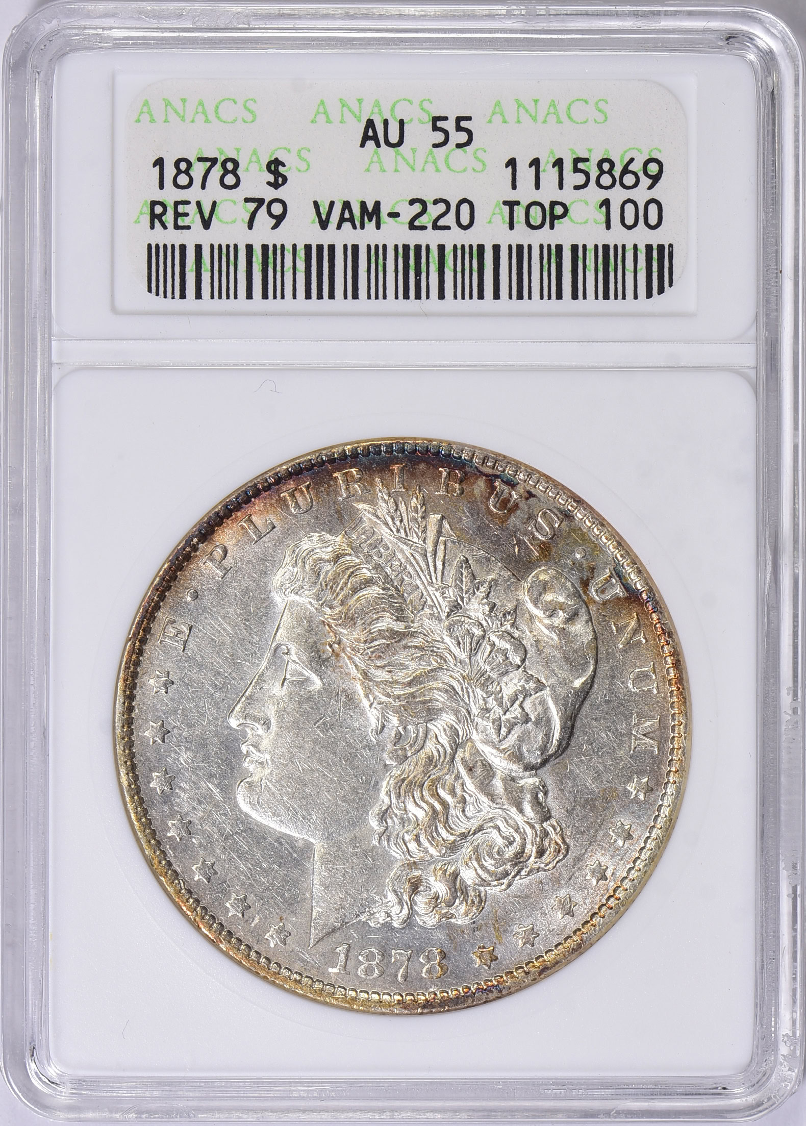 1878 7TF Morgan Silver Dollar Reverse of 1879 VAM-220 Top 100 ANACS AU-55 OH (Toned) (Item ...