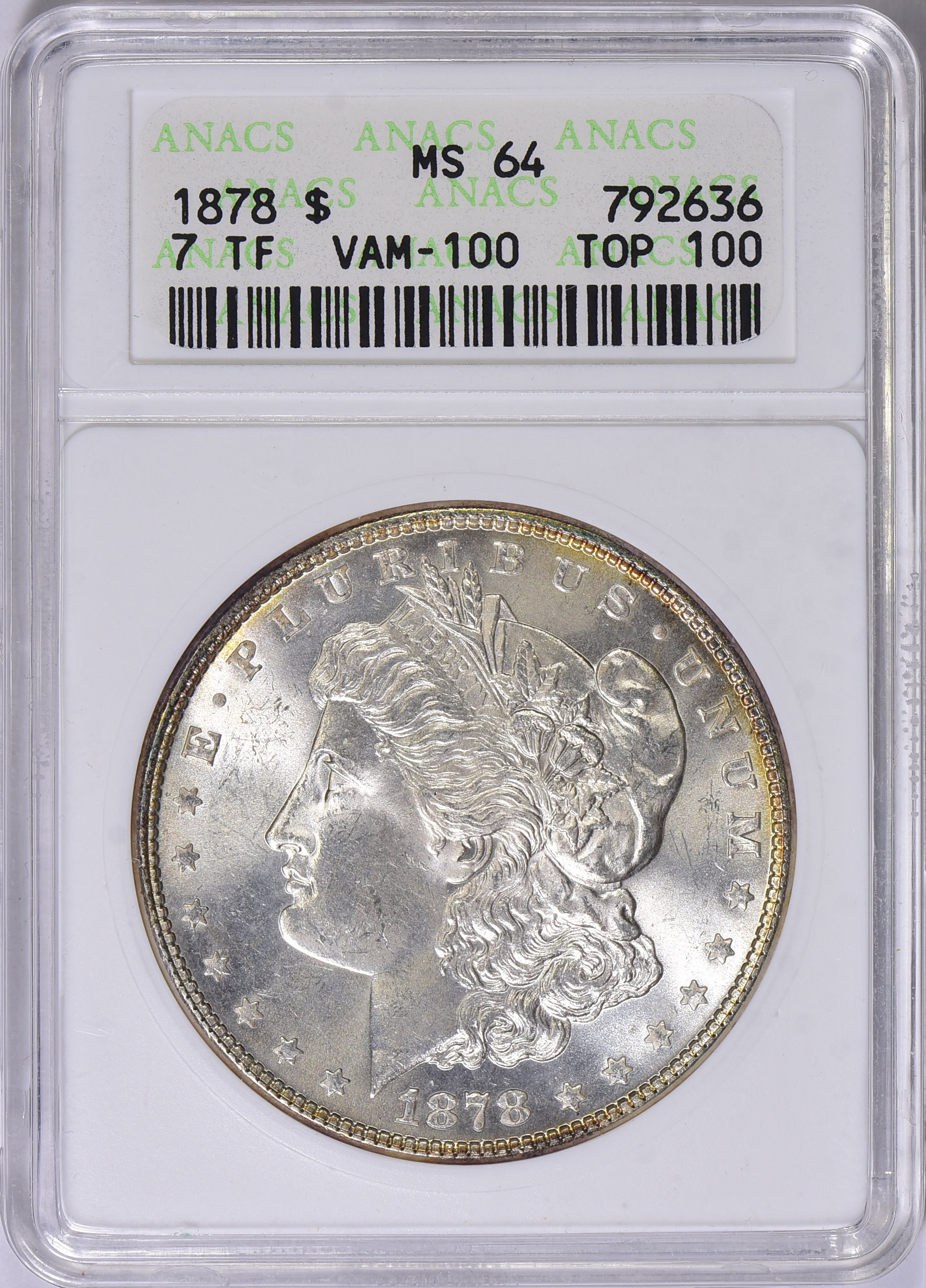 1878 7TF Morgan Silver Dollar VAM-100 Top 100 ANACS MS-64 OH (Toned) (Item 1747686 ...