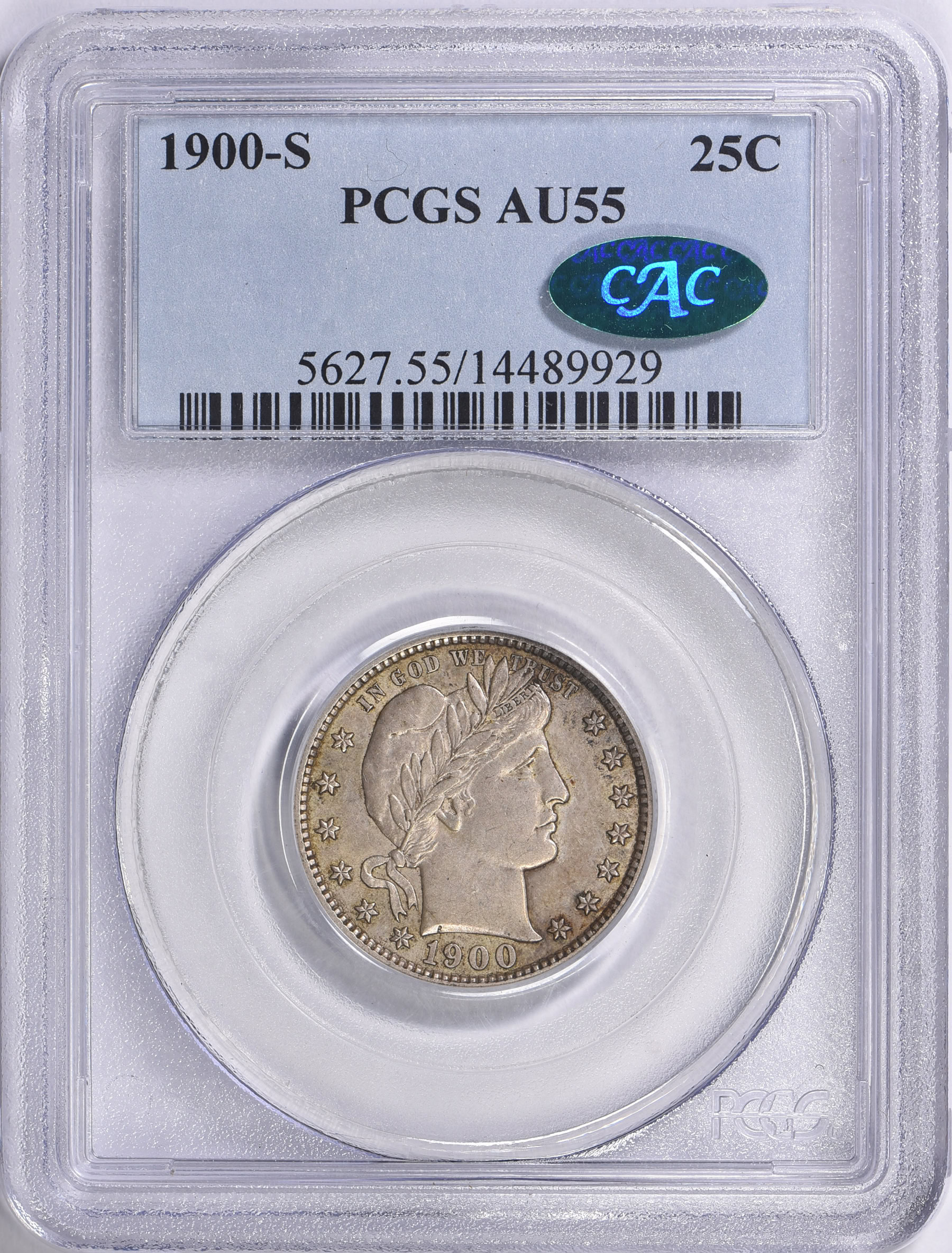 1900-S Barber Quarter PCGS AU-55 (CAC Green) (Item 1747768) | GreatCollections Coin Auctions
