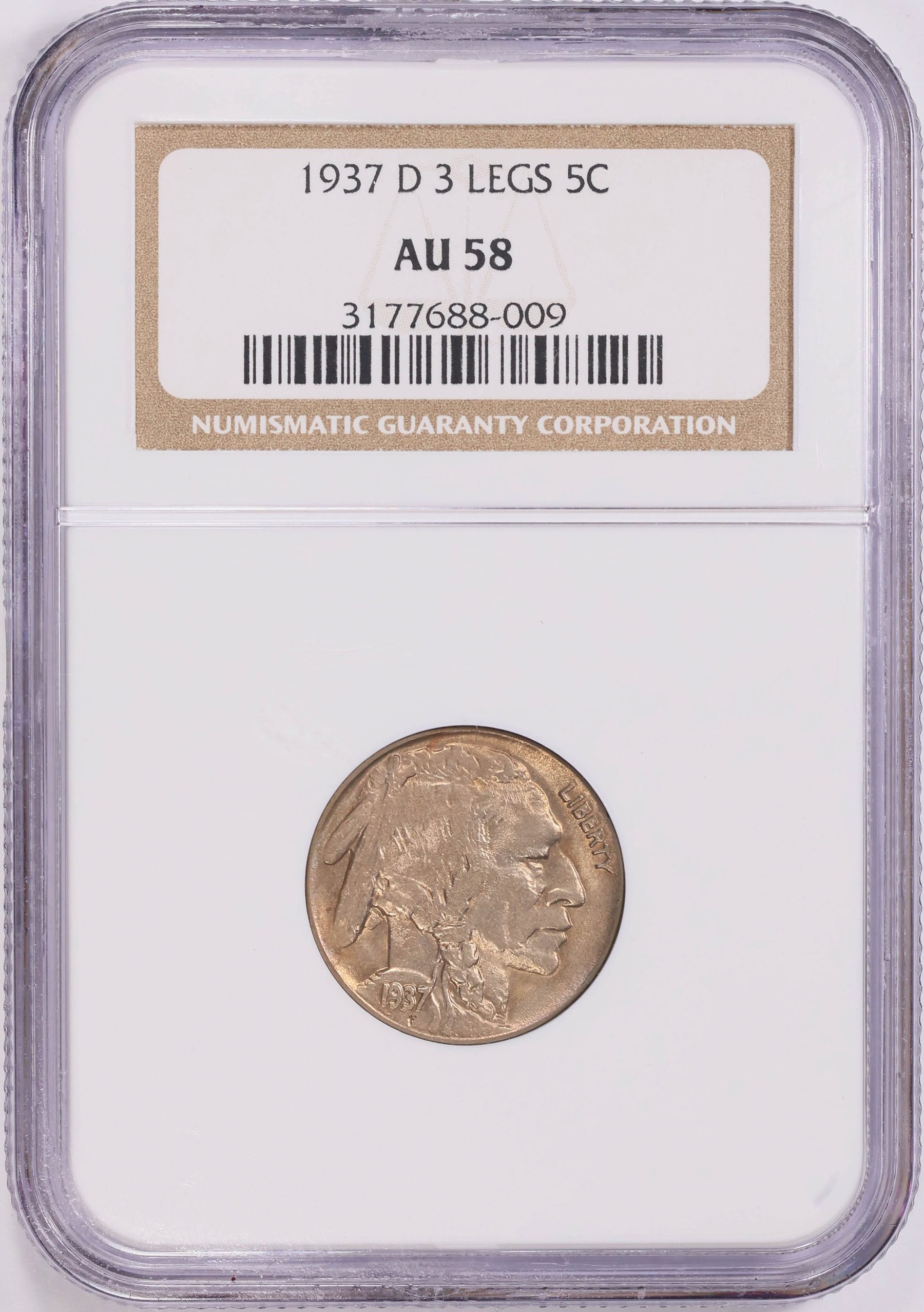 1937-D Buffalo Nickel 3 Legs NGC AU-58 (Toned) (Item 1747808) | GreatCollections Coin Auctions