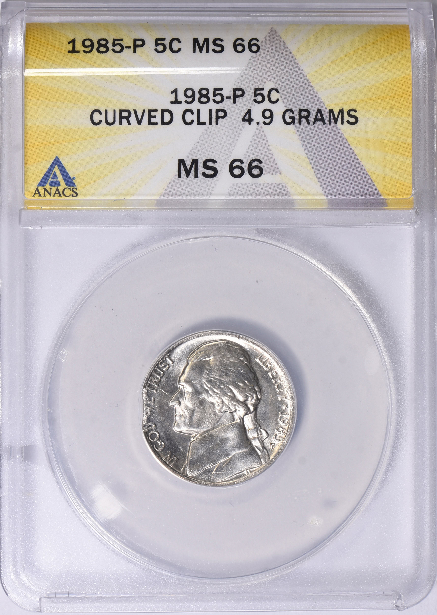 Mint Error 1985-P Jefferson Nickel Curved Clip ANACS MS-66 (4.9gms ...