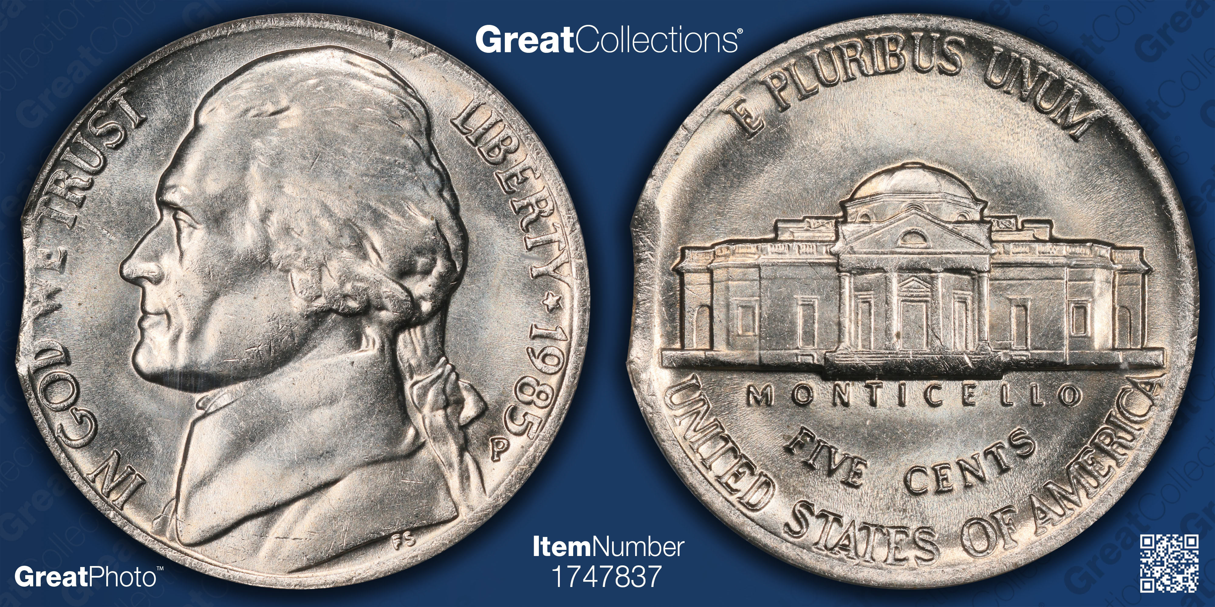 Mint Error 1985-P Jefferson Nickel Curved Clip ANACS MS-66 (4.9gms ...