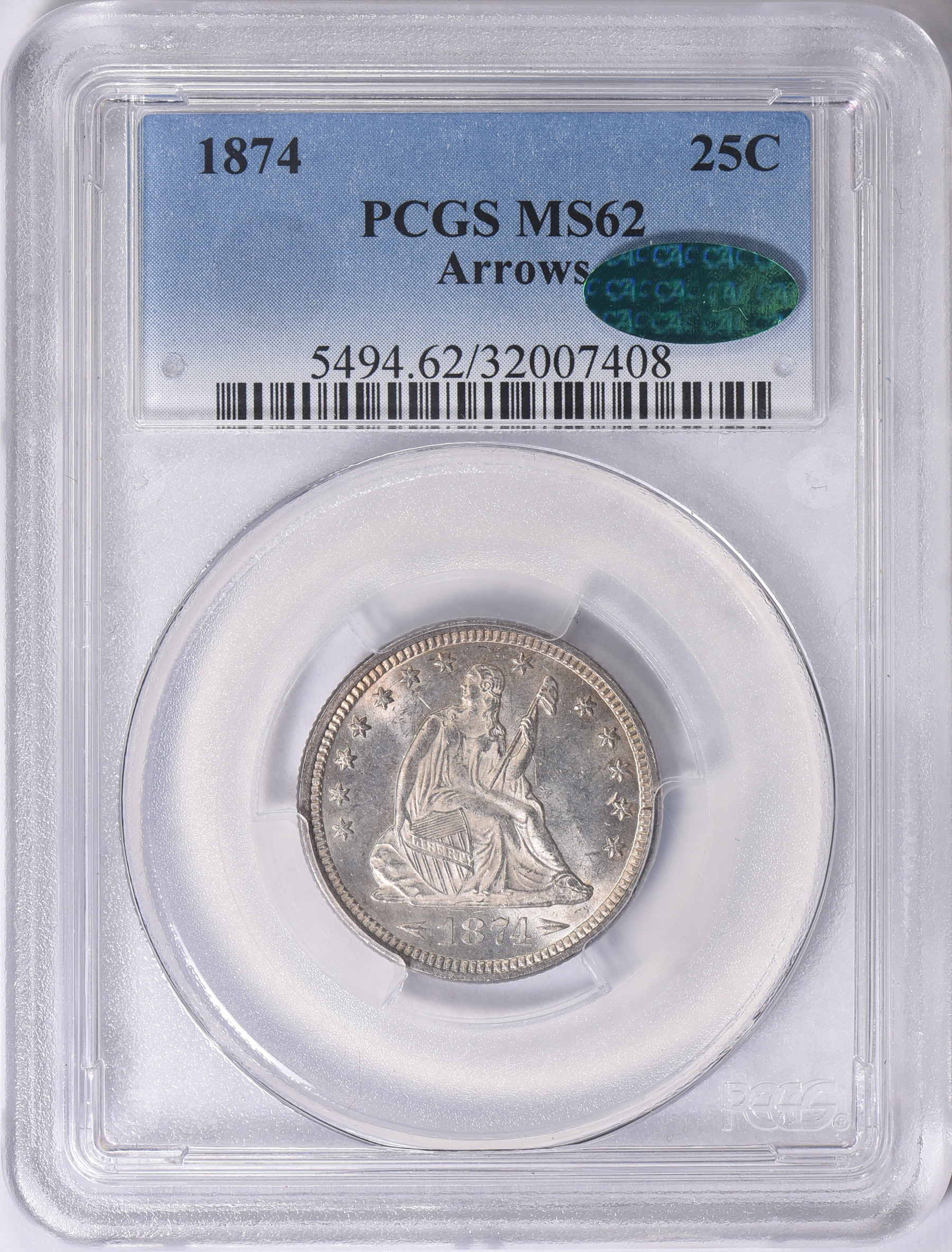 1874 Seated Liberty Quarter Arrows PCGS MS-62 (CAC Green) (Item 1747905) | GreatCollections Coin ...