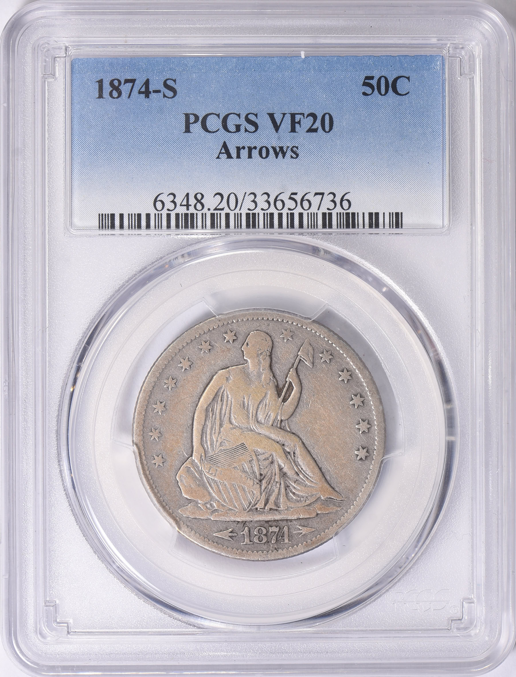 1874-S Seated Liberty Half Dollar Arrows PCGS VF-20 (Item 1747913) | GreatCollections Coin Auctions