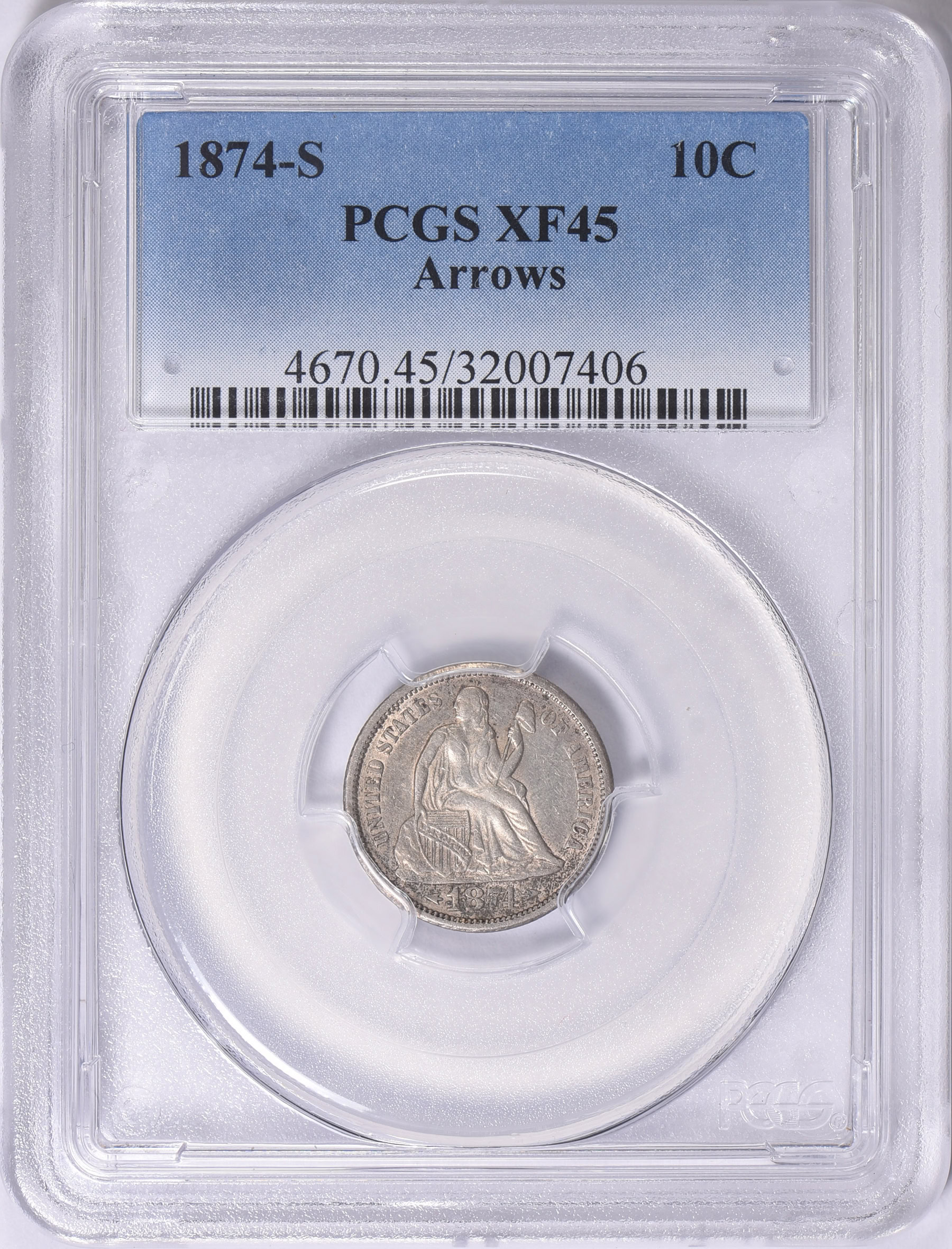 1874-S Seated Liberty Dime Arrows PCGS XF-45 (Item 1747919) | GreatCollections Coin Auctions
