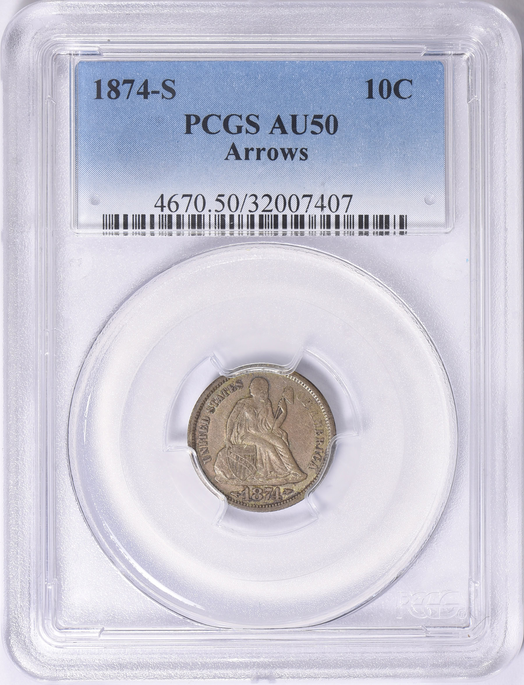 1874-S Seated Liberty Dime Arrows PCGS AU-50 (Item 1747920) | GreatCollections Coin Auctions