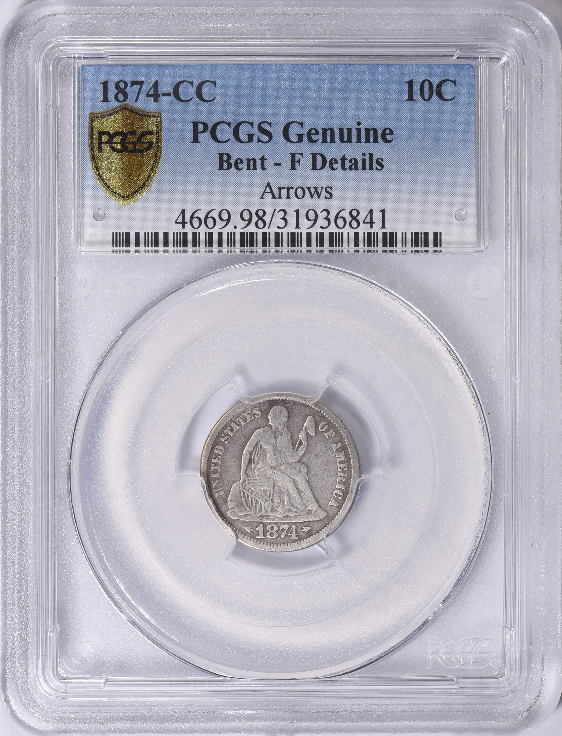 1874-CC Seated Liberty Dime Arrows PCGS Genuine Fine Details (Item 1747926) | GreatCollections ...