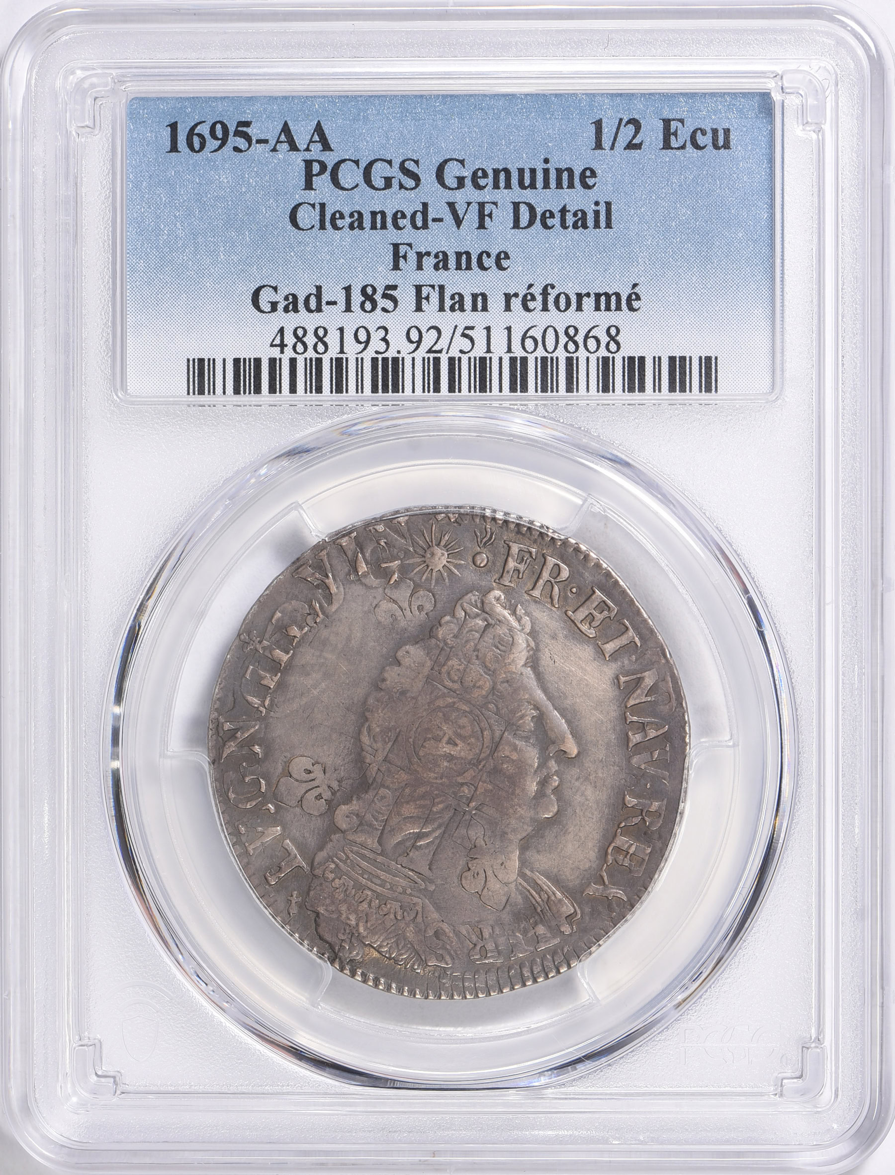 France 1695-AA Silver 1/2 Ecu KM-295.2 PCGS Genuine VF Details (Item ...