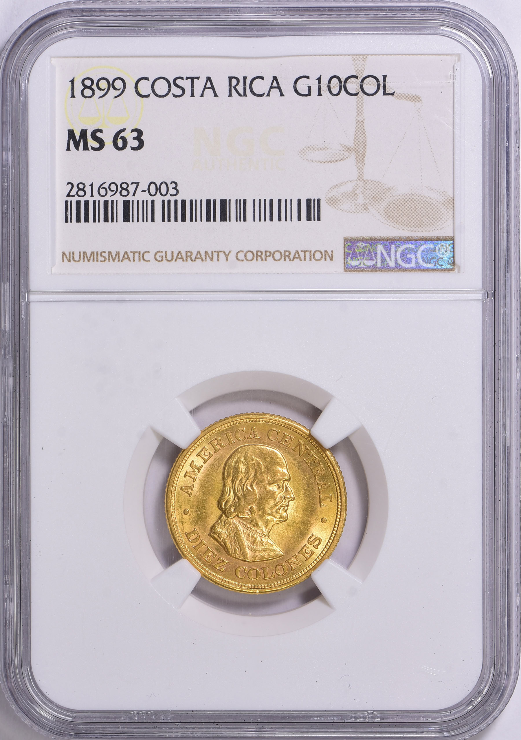Costa Rica 1899 Gold 10 Colones KM-140 NGC MS-63 (AGW = 0.2251 oz ...