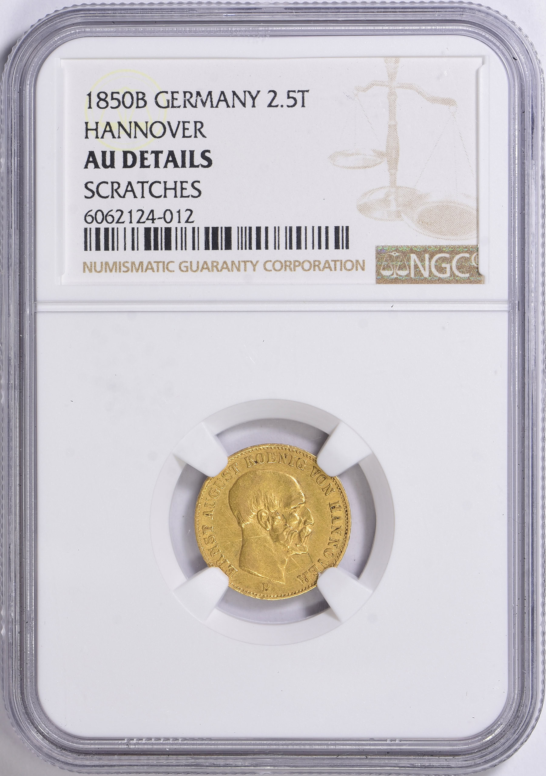 Germany - Hannover 1850-B Gold 2 1/2 Thaler KM-215 NGC AU Details (AGW = 0.0956 oz.) (Item ...