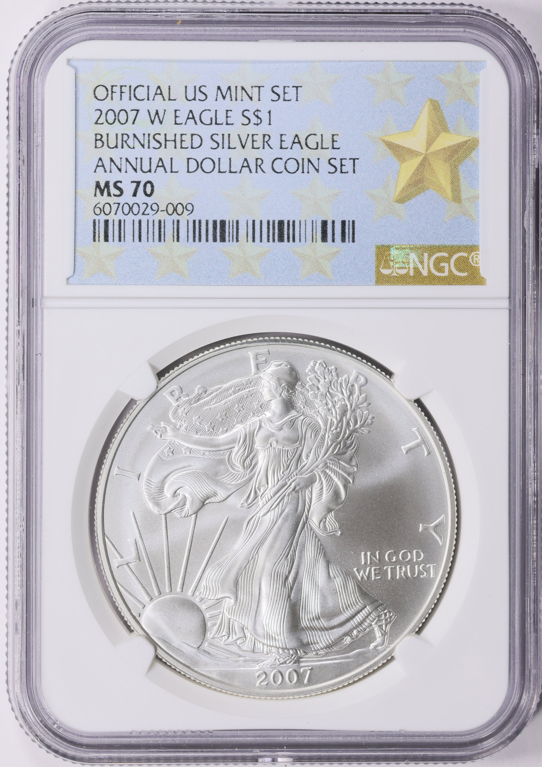 2007-W $1 Silver Eagle Burnished NGC MS-70 (From the Official US Mint Set) (West Point Star ...