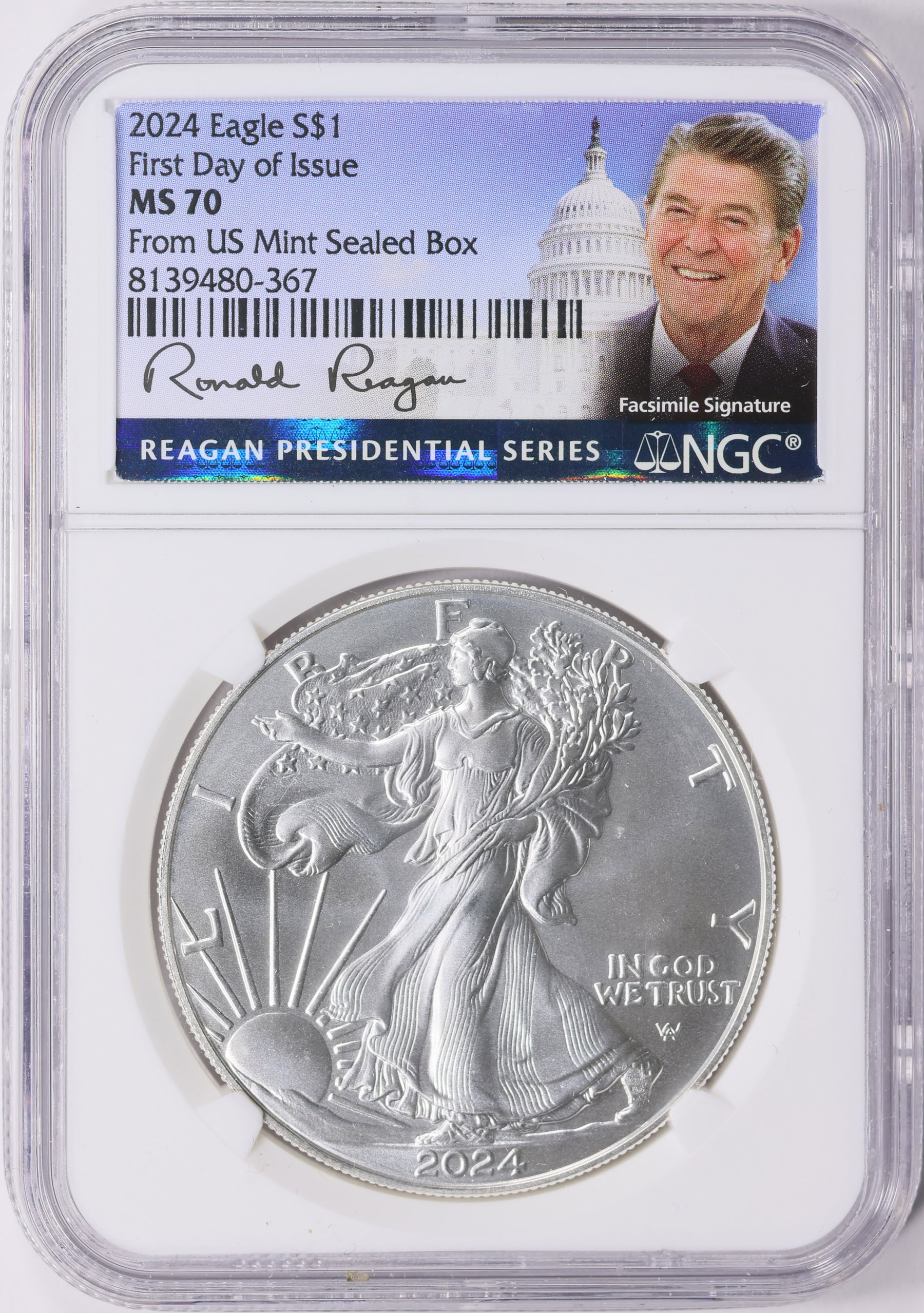 2024 $1 Silver Eagle First Day of Issue NGC MS-70 (Ronald Reagan ...