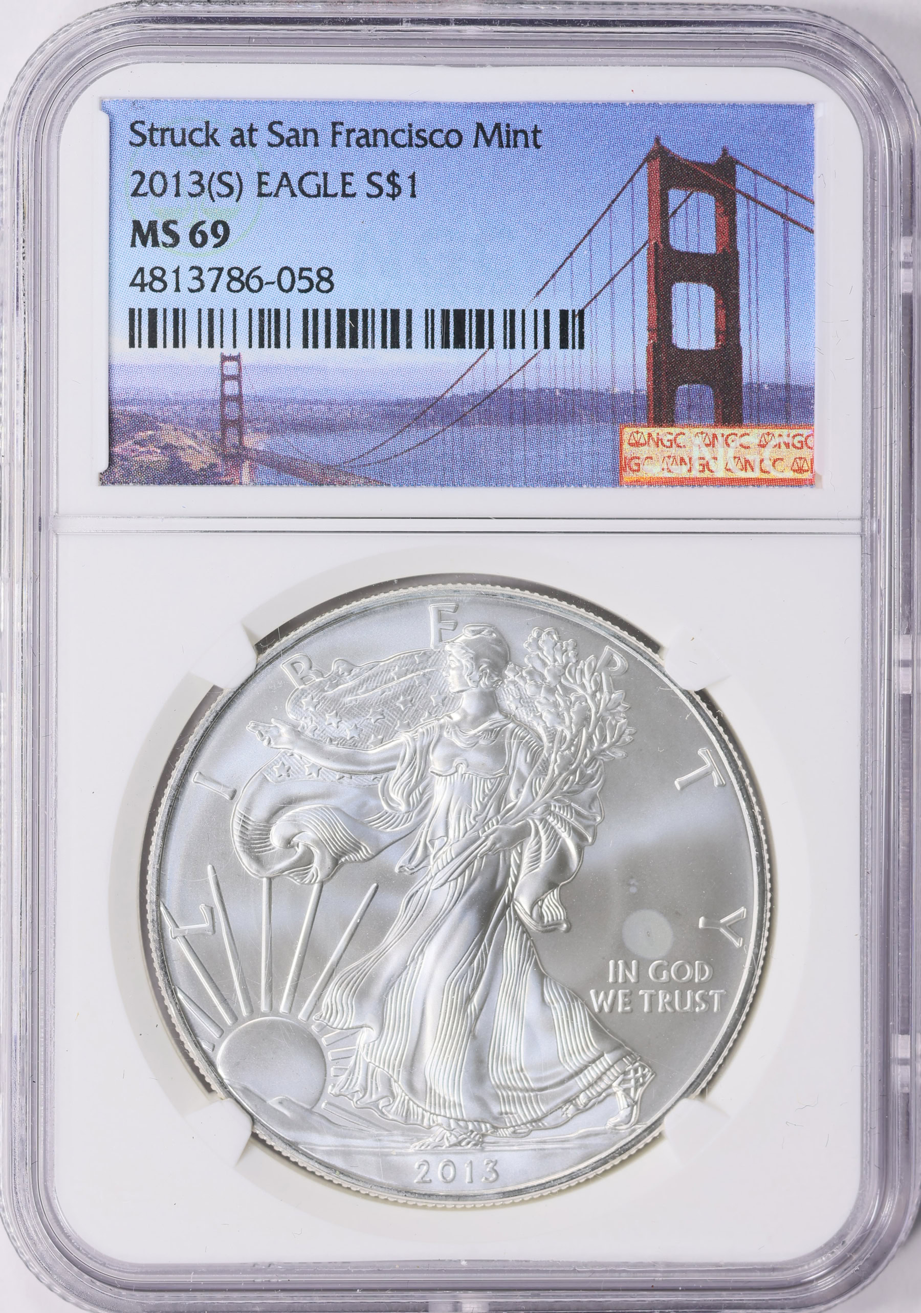 2013-(S) $1 Silver Eagle Struck at San Francisco NGC MS-69 (Golden Gate Bridge Label) (Item ...